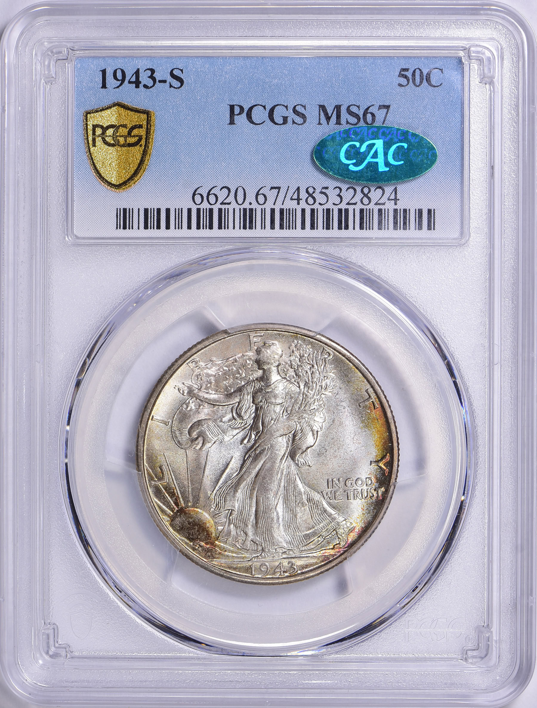 1943-S Walking Liberty Half Dollar PCGS MS-67 (CAC Green) (Toned) (Item 1330761 ...