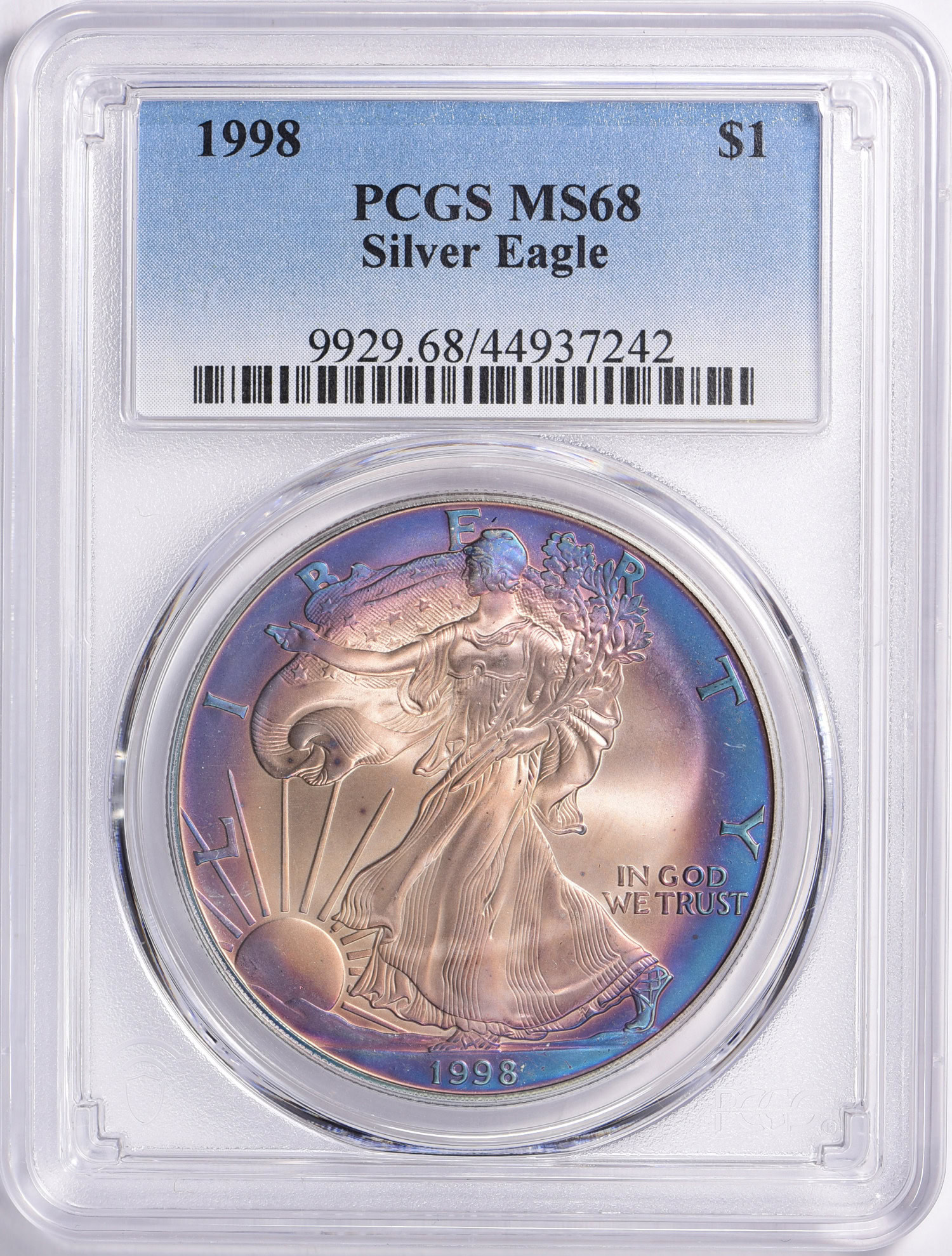 1998 $1 Silver Eagle PCGS MS-68 (Toned) (Item 1332305) | GreatCollections Coin Auctions