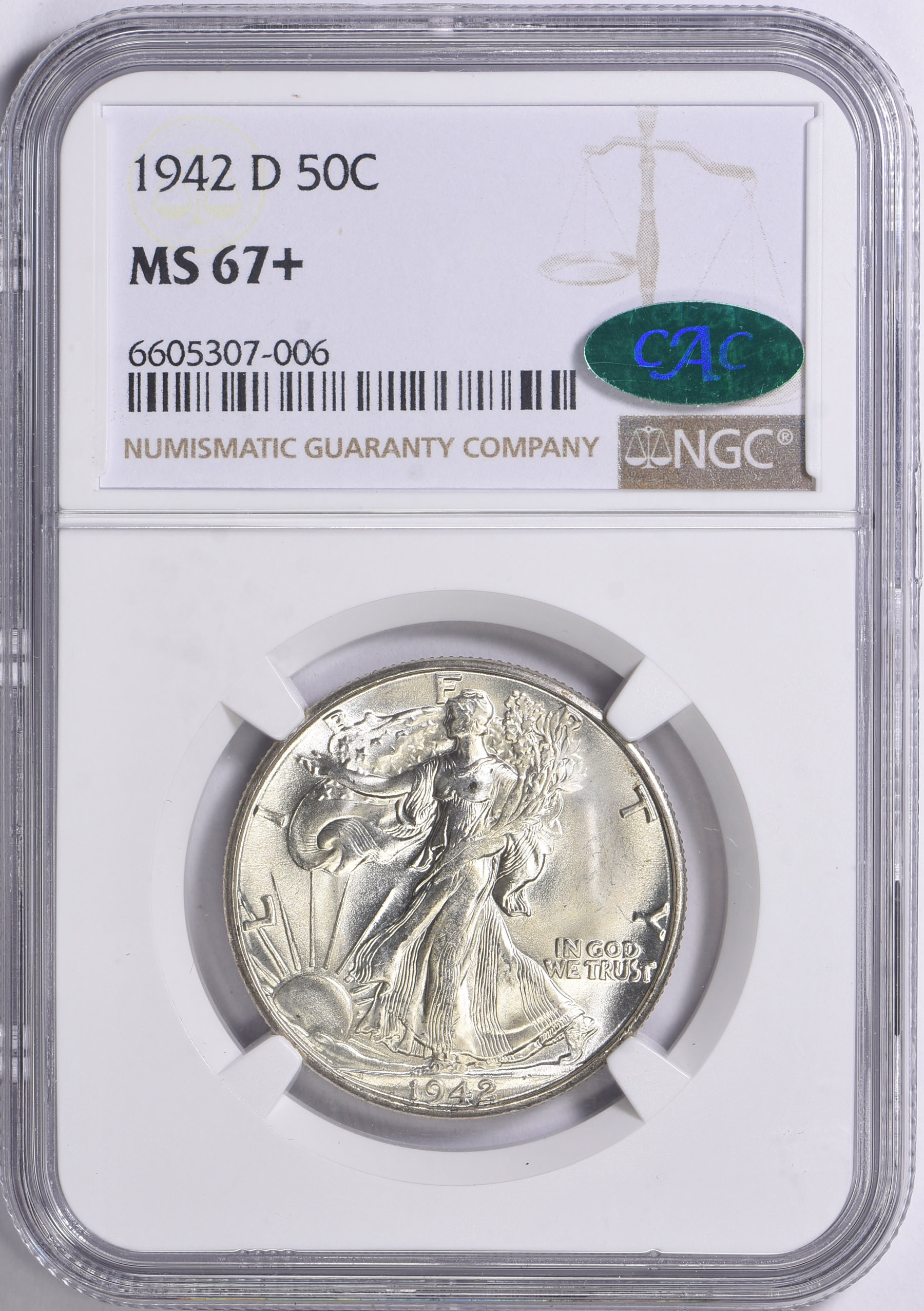 1942-D Walking Liberty Half Dollar NGC MS-67+ (CAC Green) (Item 1338413) | GreatCollections Coin ...