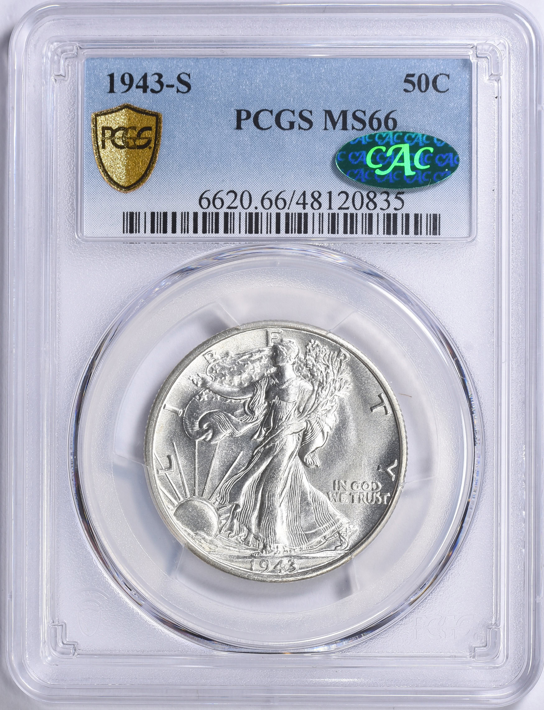1943-S Walking Liberty Half Dollar PCGS MS-66 (CAC Green) (Item 1338419) | GreatCollections Coin ...