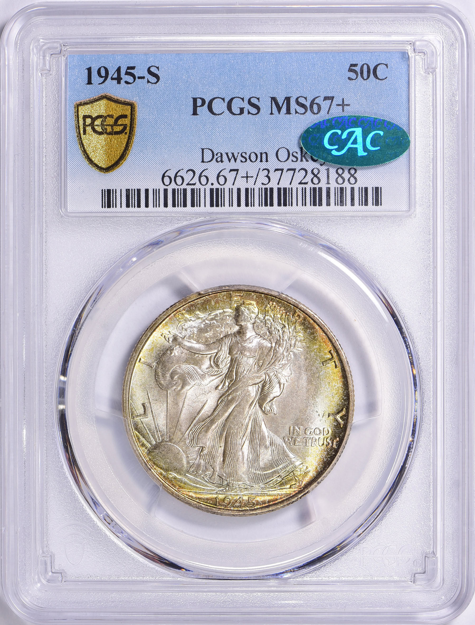 1945-S Walking Liberty Half Dollar PCGS MS-67+ (Dawson Oskey Collection) (CAC Green) (Toned ...