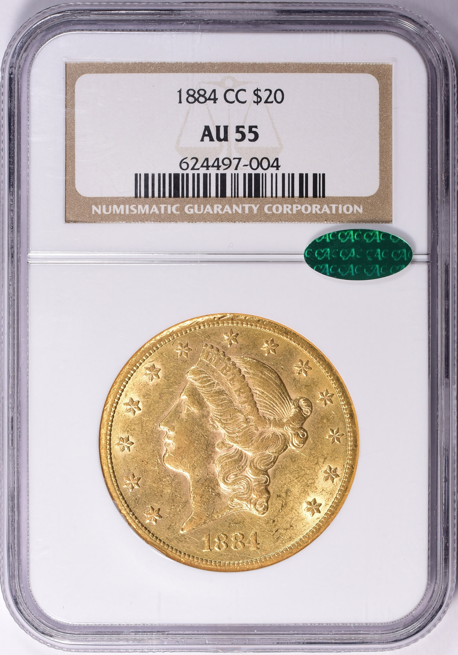 1884-CC Liberty Gold Double Eagle NGC AU-55 (CAC Green) (Item 1343540) | GreatCollections Coin ...