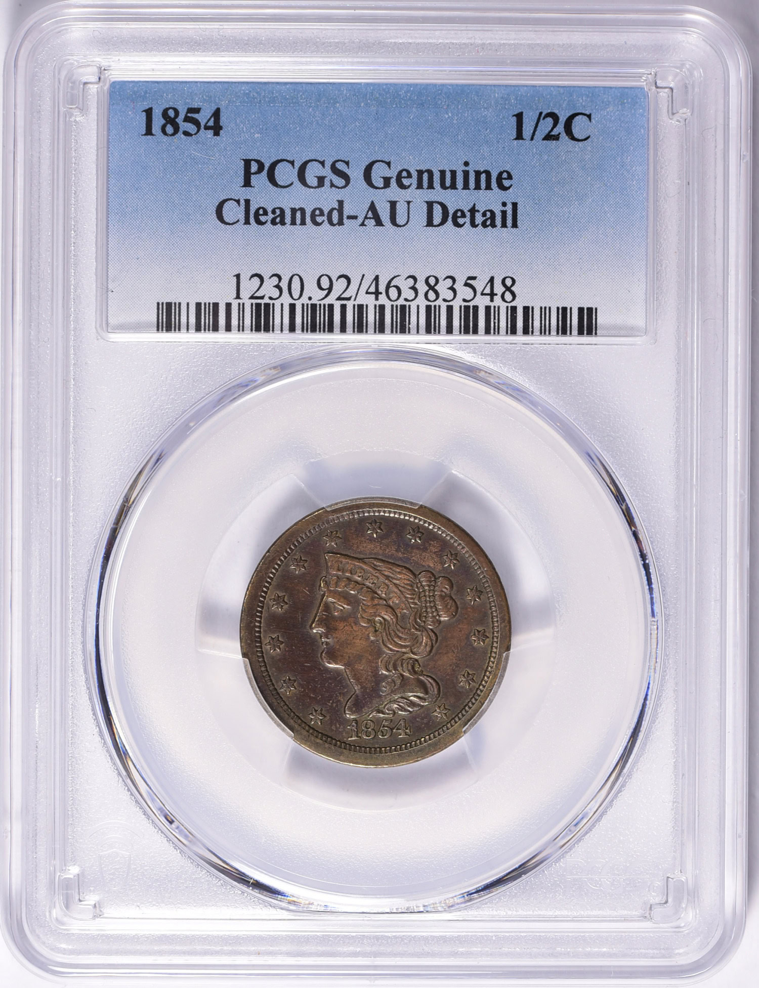 1854 Braided Hair Half Cent PCGS Genuine AU Details (Item 1344809) | GreatCollections Coin Auctions