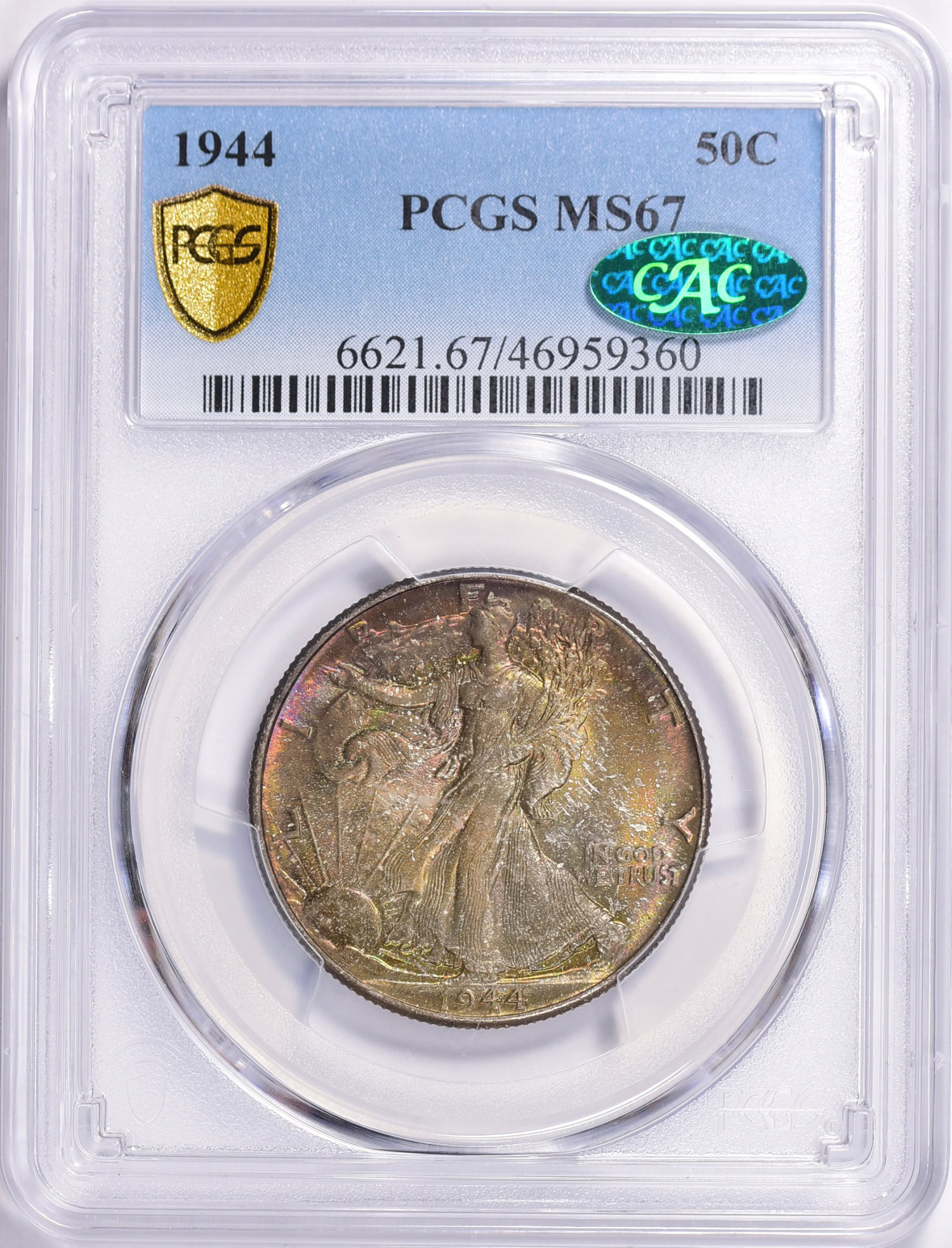 1944 Walking Liberty Half Dollar PCGS MS-67 (CAC Green) (Toned) (Item 1345497 ...