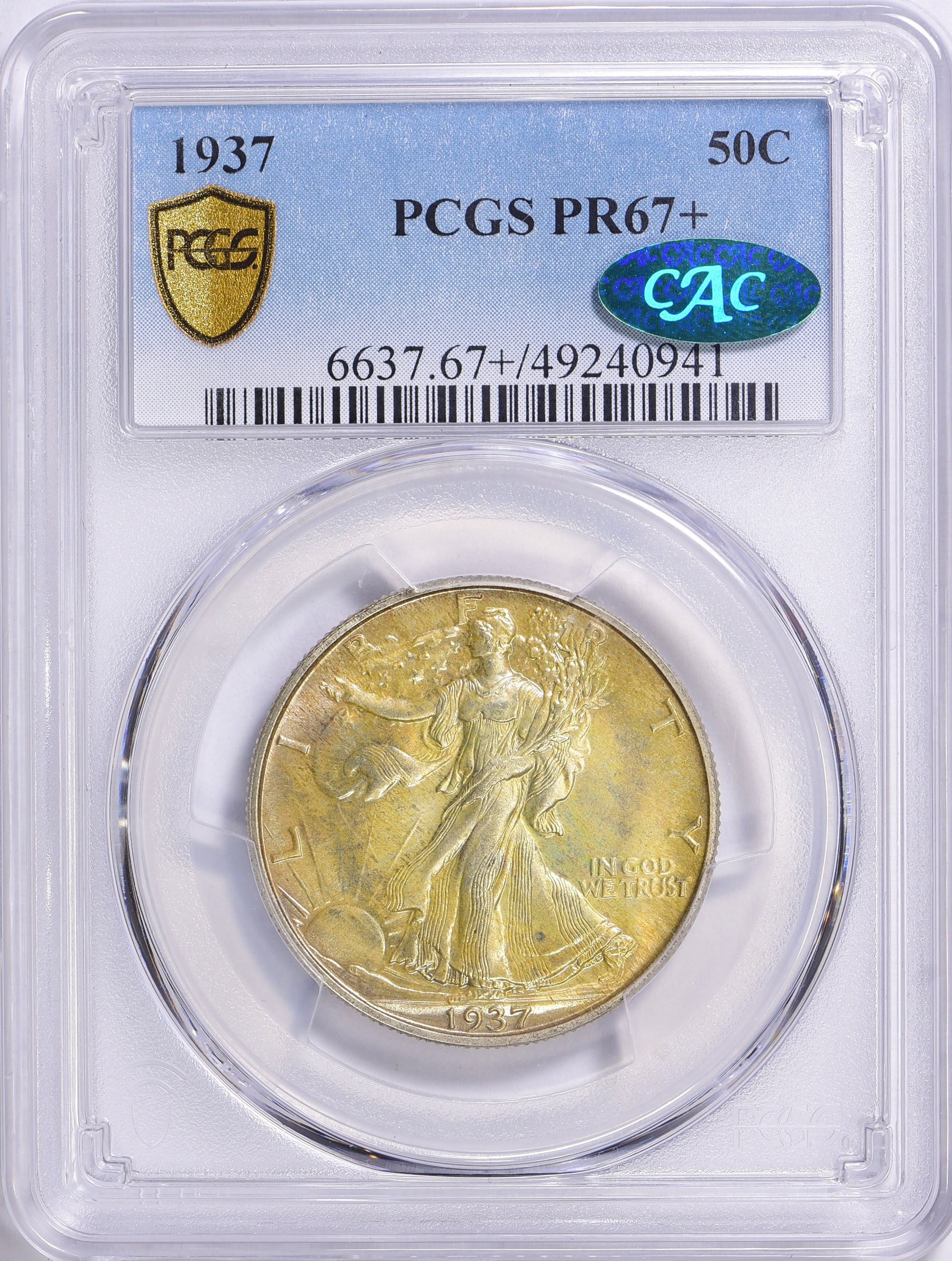 1937 Walking Liberty Half Dollar PCGS Proof-67+ (CAC Green) (Toned) (Item 1350332 ...
