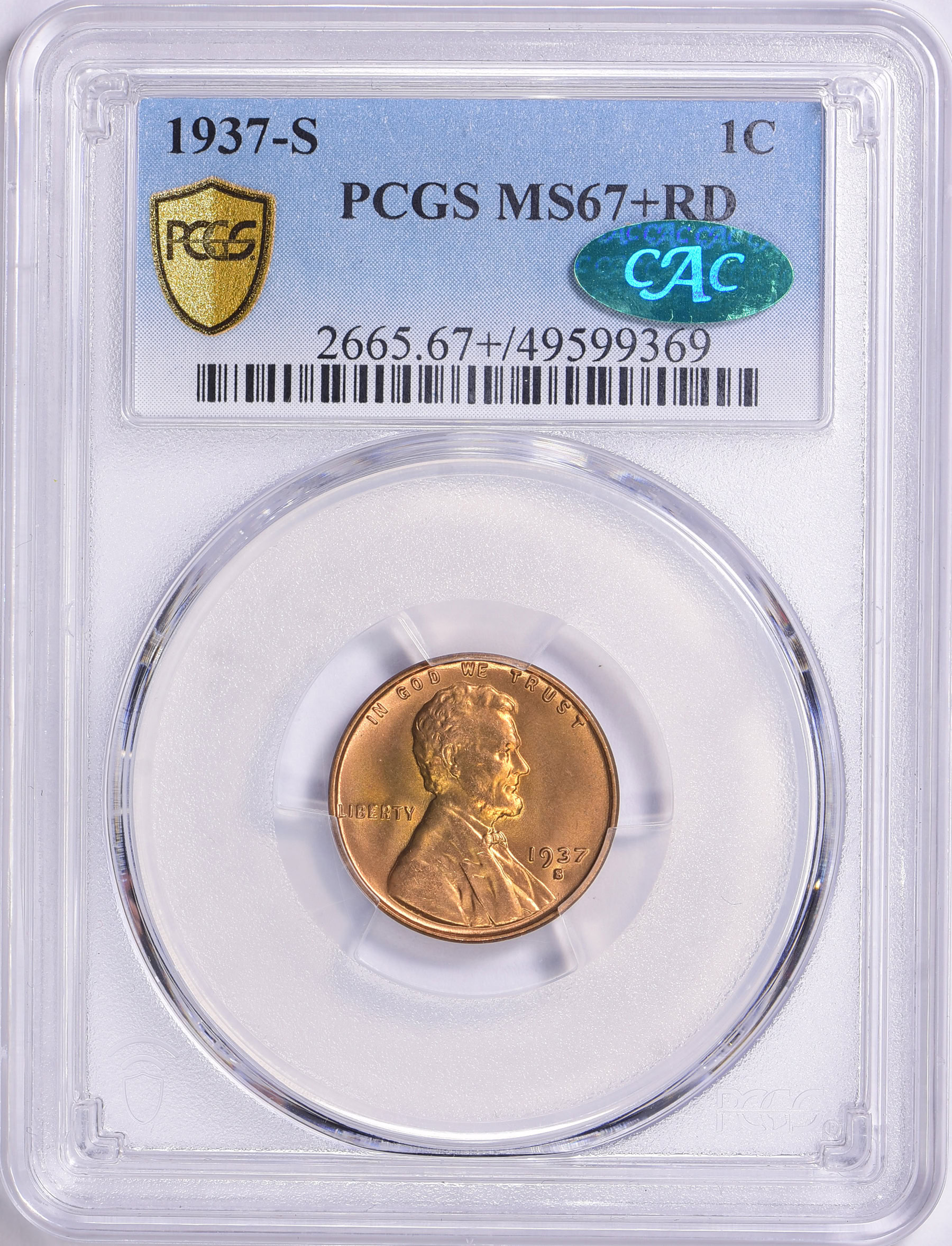 1937-S Lincoln Cent PCGS MS-67+ RD (CAC Green) (Item 1350357) | GreatCollections Coin Auctions