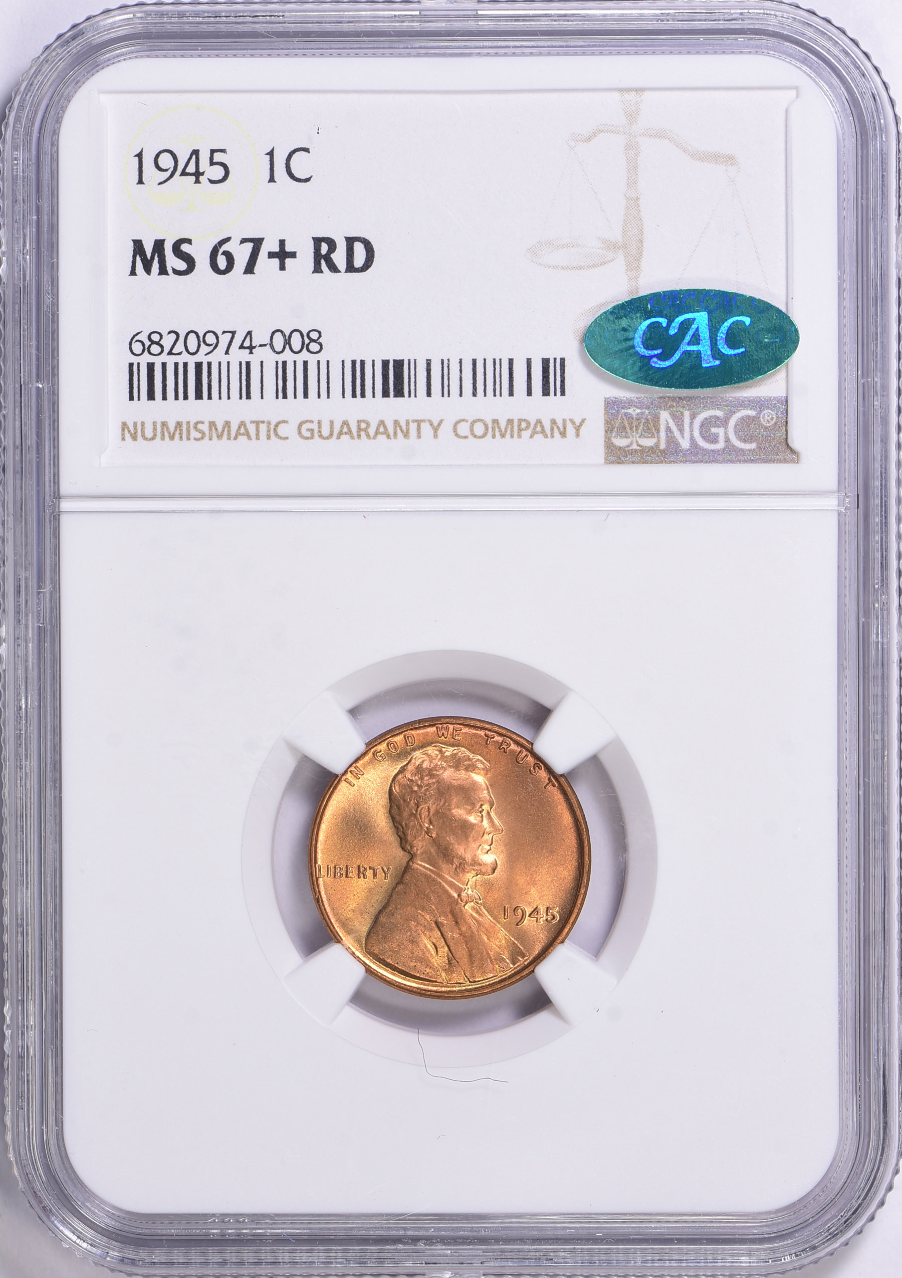 1945 Lincoln Cent NGC MS-67+ RD (CAC Green) (Item 1350359) | GreatCollections Coin Auctions