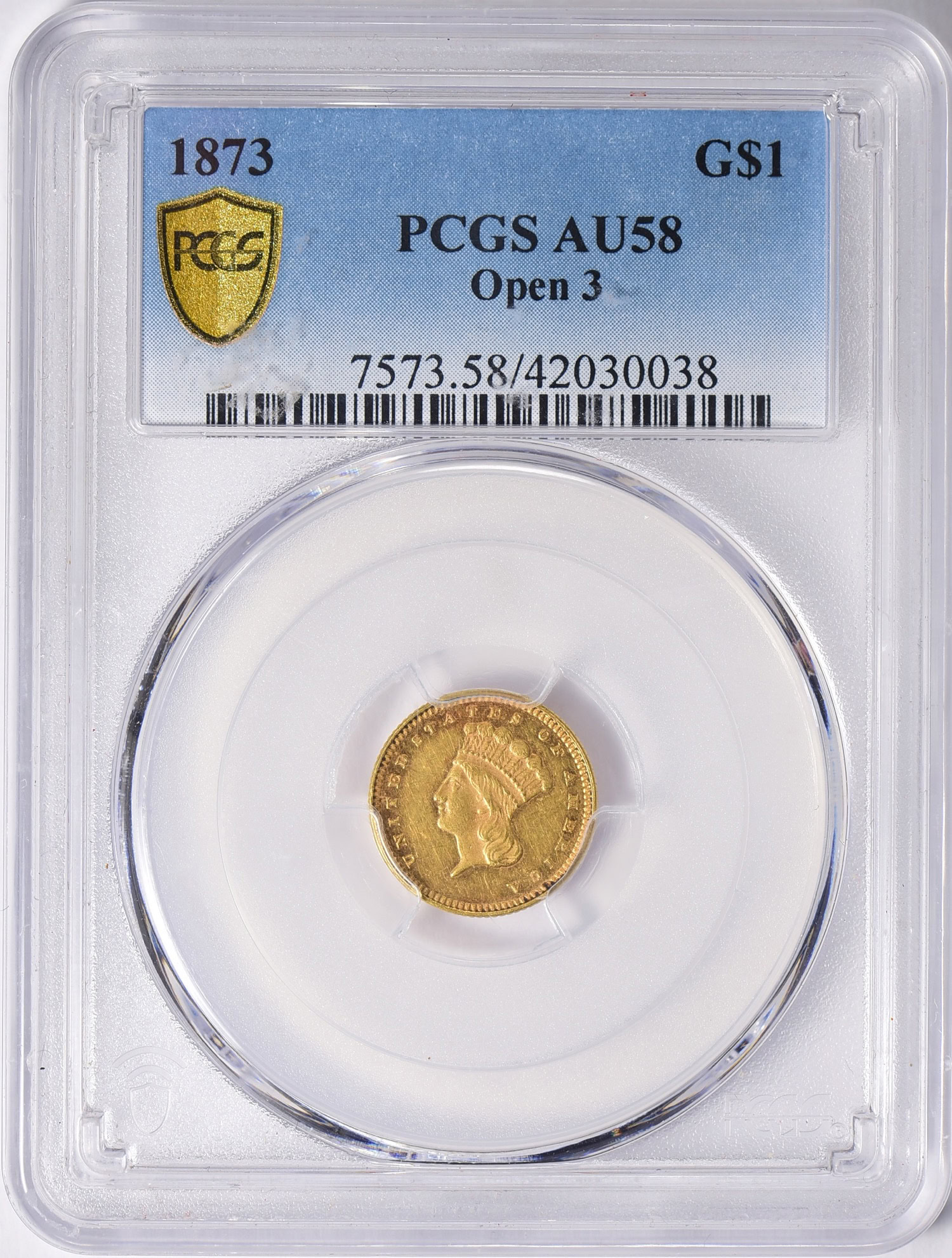 1873 Indian Princess Gold Dollar Open 3 PCGS AU-58 (Item 1350431) | GreatCollections Coin Auctions