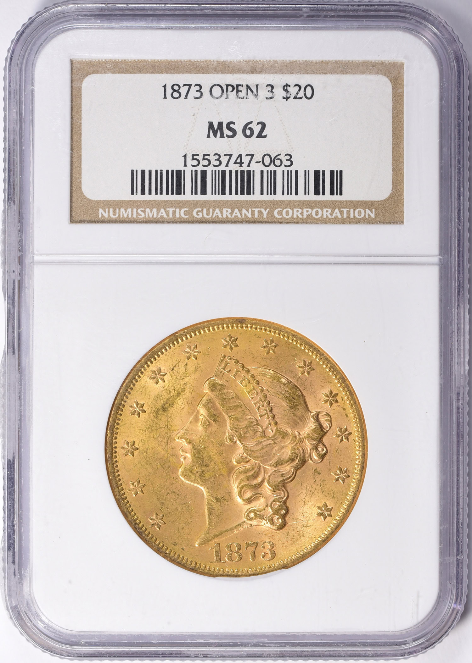 1873 Liberty Gold Double Eagle Open 3 NGC MS-62 (Item 1351117) | GreatCollections Coin Auctions