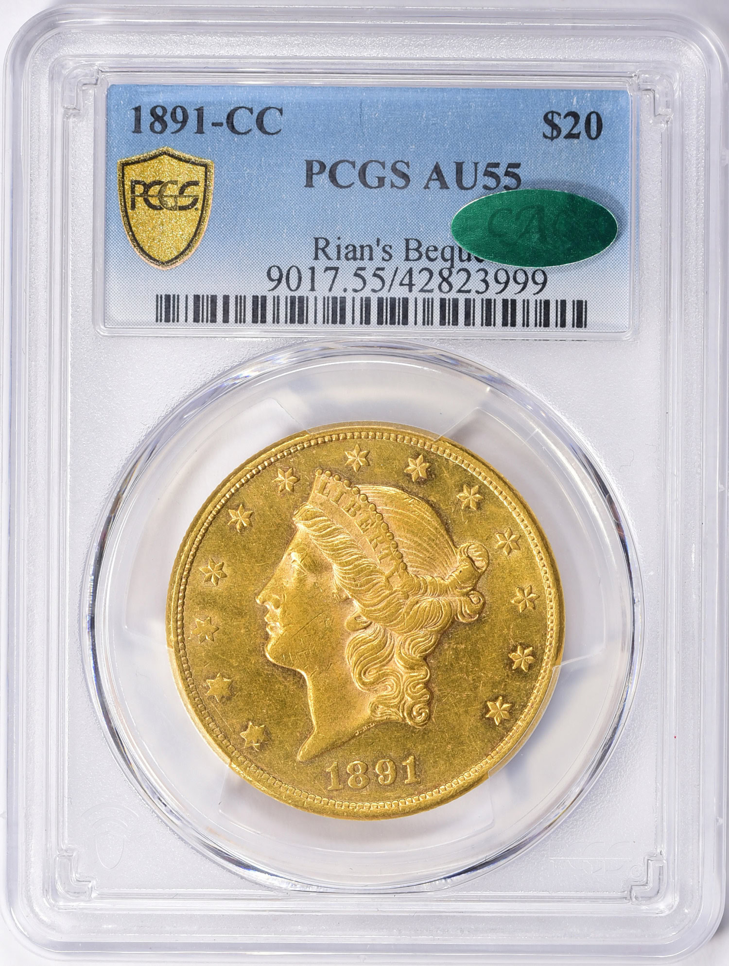 1891-CC Liberty Gold Double Eagle PCGS AU-55 (CAC Green) (Rian's Bequest Collection) (Item ...