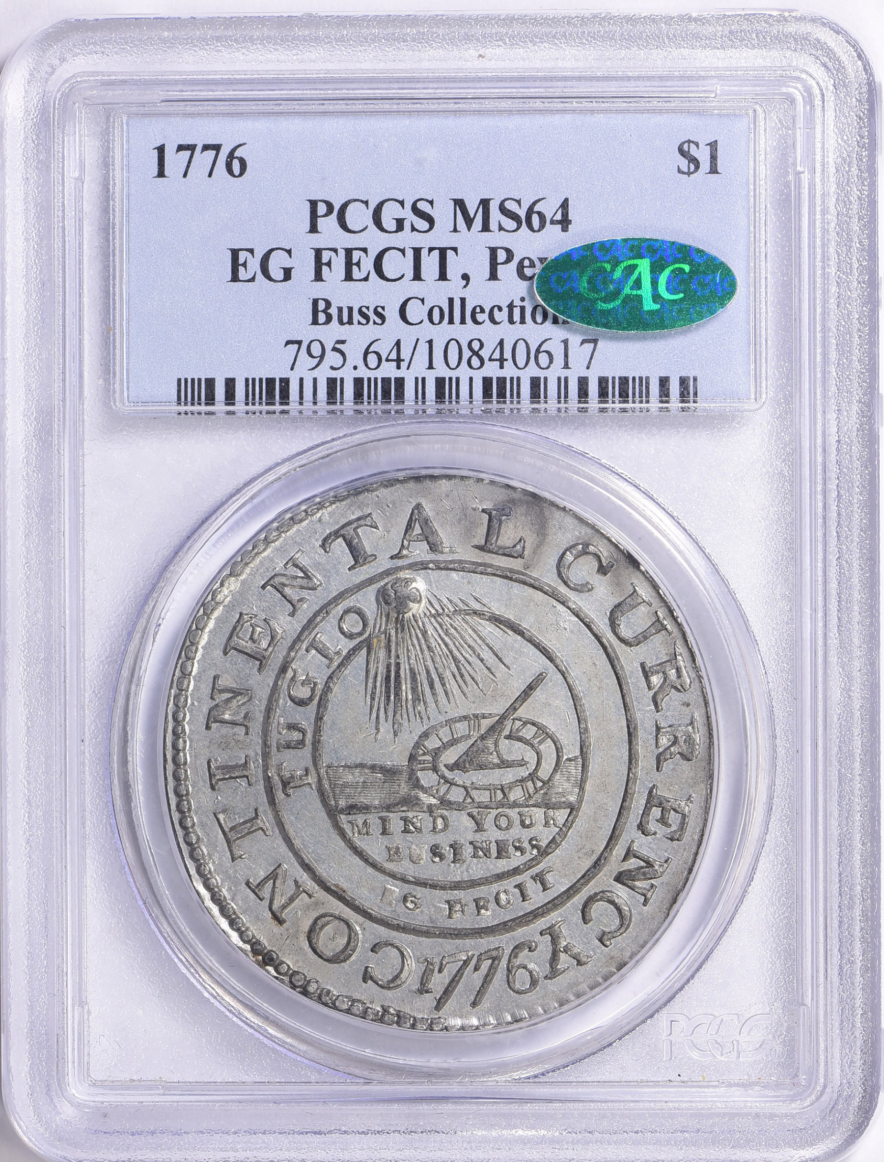 1776 Continental Currency EG FECIT, Pewter PCGS MS-64 (CAC Green ...