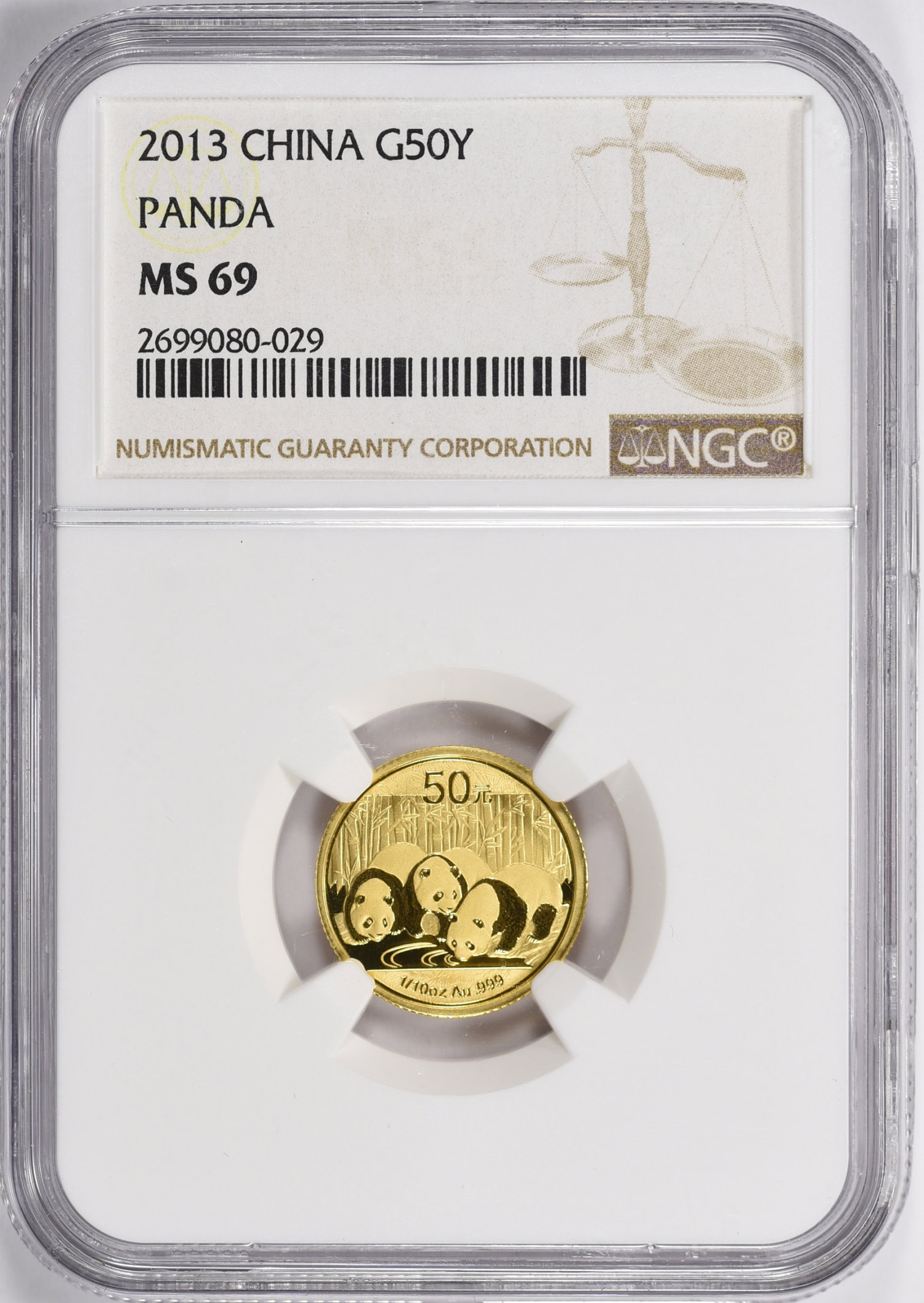China 2013 Gold 50 Yuan Panda PAN-582A NGC MS-69 (AGW = 0.0999 oz ...