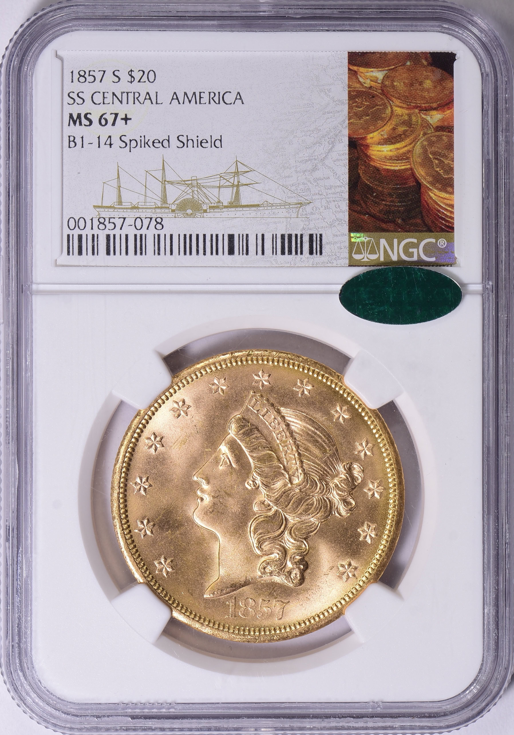 1857-S Liberty Gold Double Eagle B1-14 Spiked Shield S.S. Central America Shipwreck NGC MS-67 ...