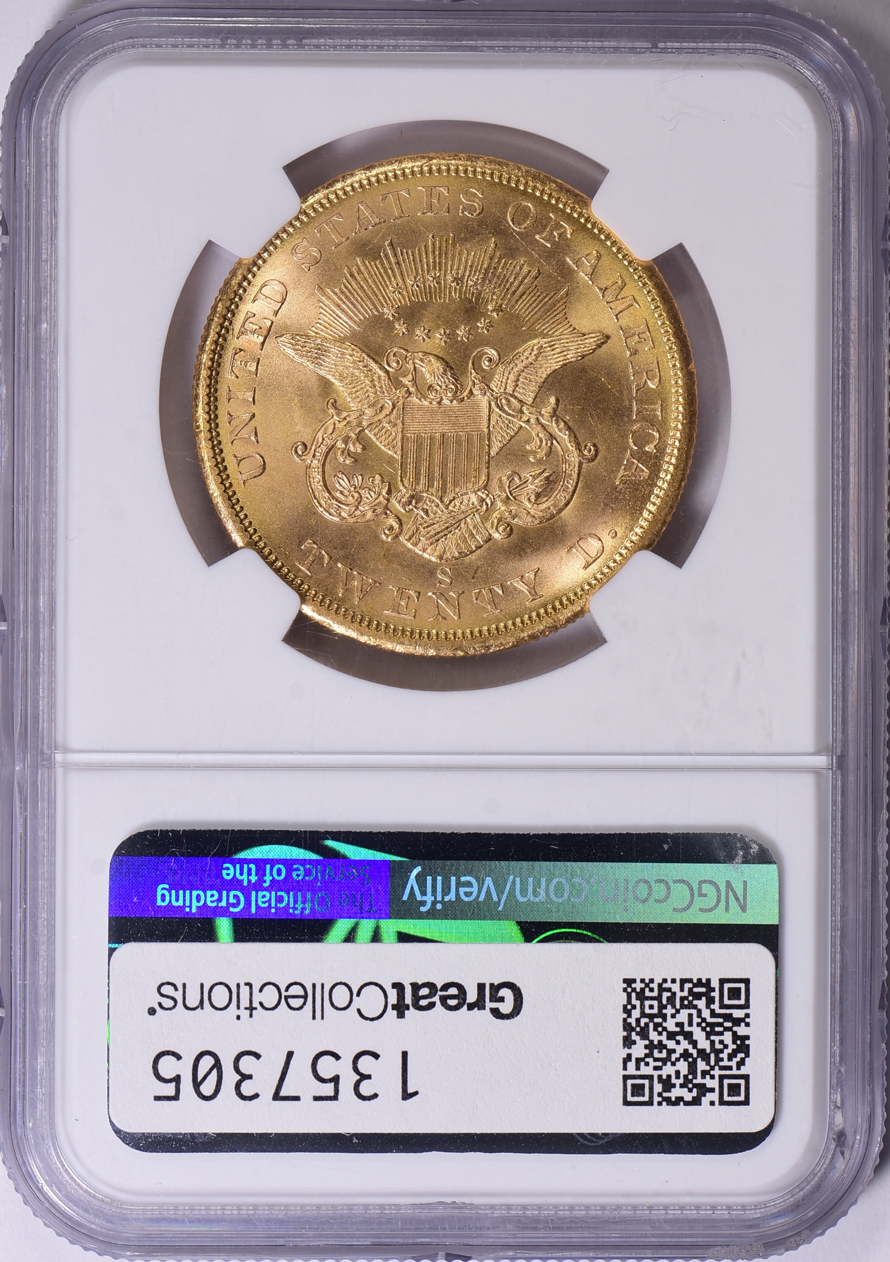 1857-S Liberty Gold Double Eagle B1-14 Spiked Shield S.S. Central America Shipwreck NGC MS-67 ...