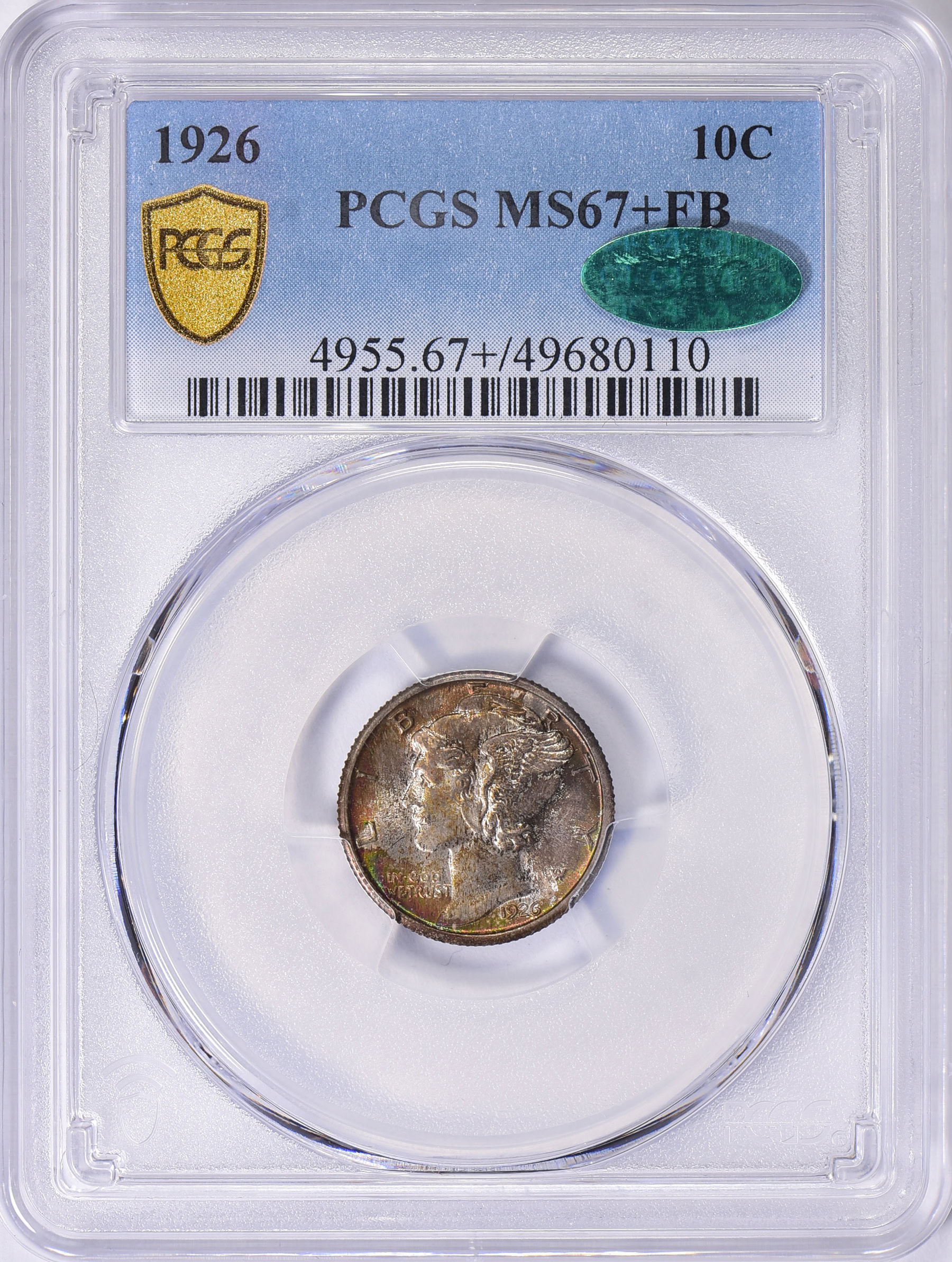 1926 Mercury Dime PCGS MS-67+ FB (CAC Green) (Toned) (Item 1357910) | GreatCollections Coin Auctions