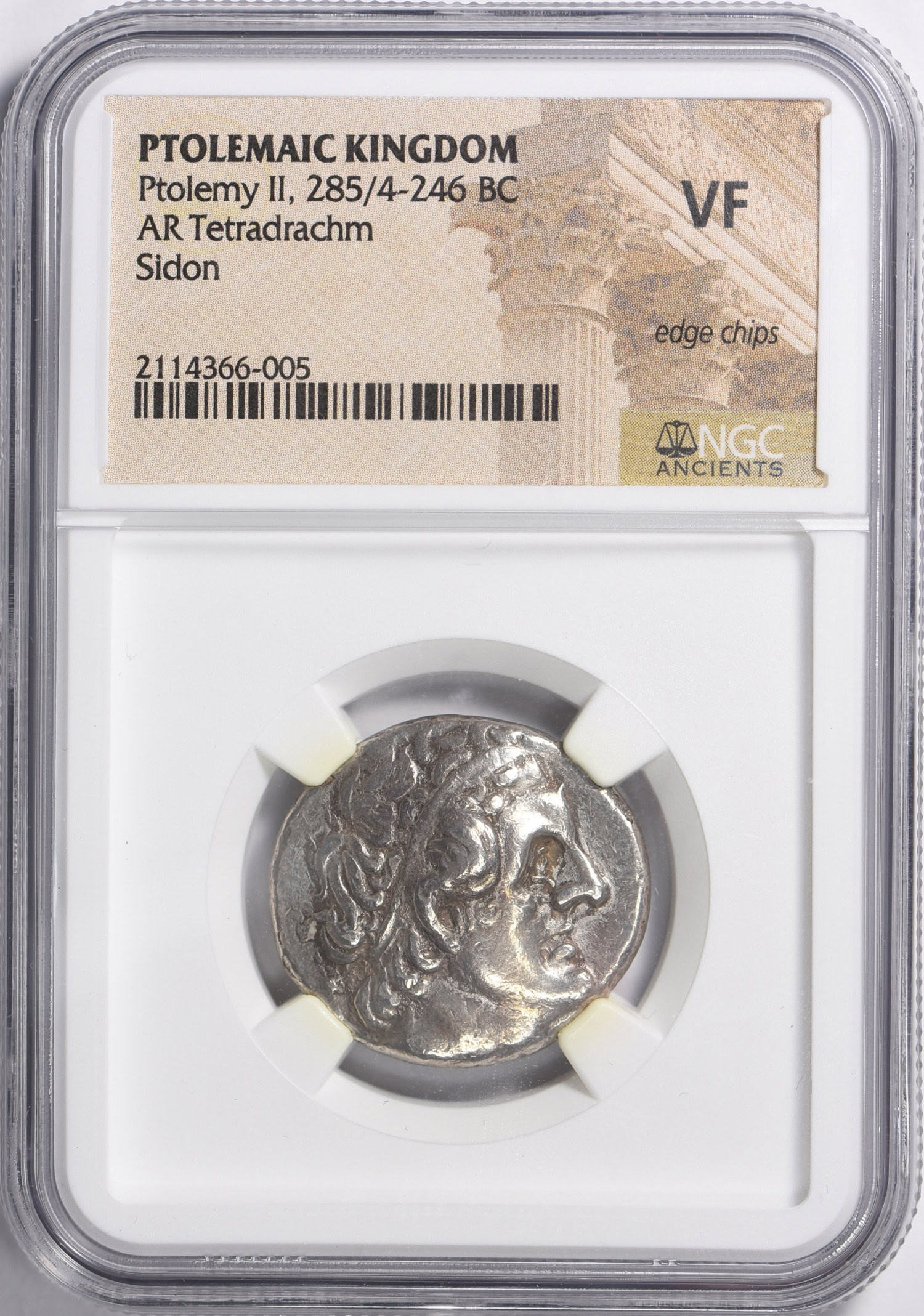 Ancient Ptolemaic Kingdom, Ptolemy II (285-246 B.C.) AR Tetradrachm Sidon Mint NGC VF Edge Chips ...