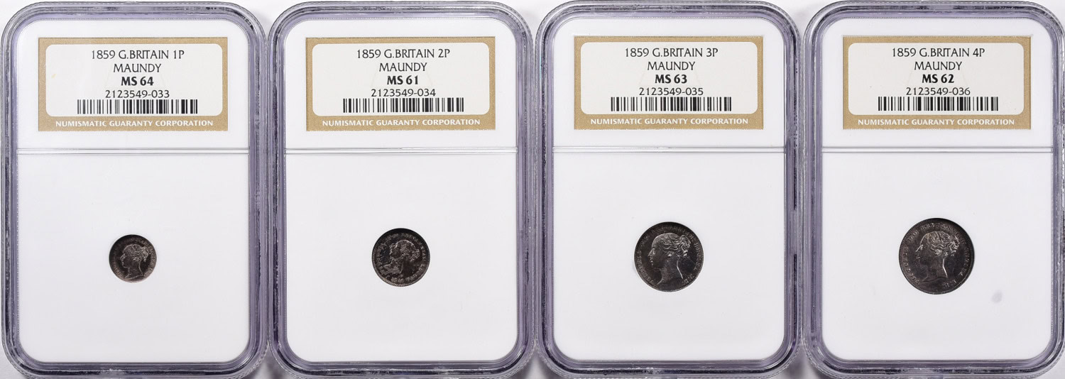 Great Britain 1859 Silver 1p, 2p, 3p & 4p Maundy Set KM-MDS110 NGC MS ...