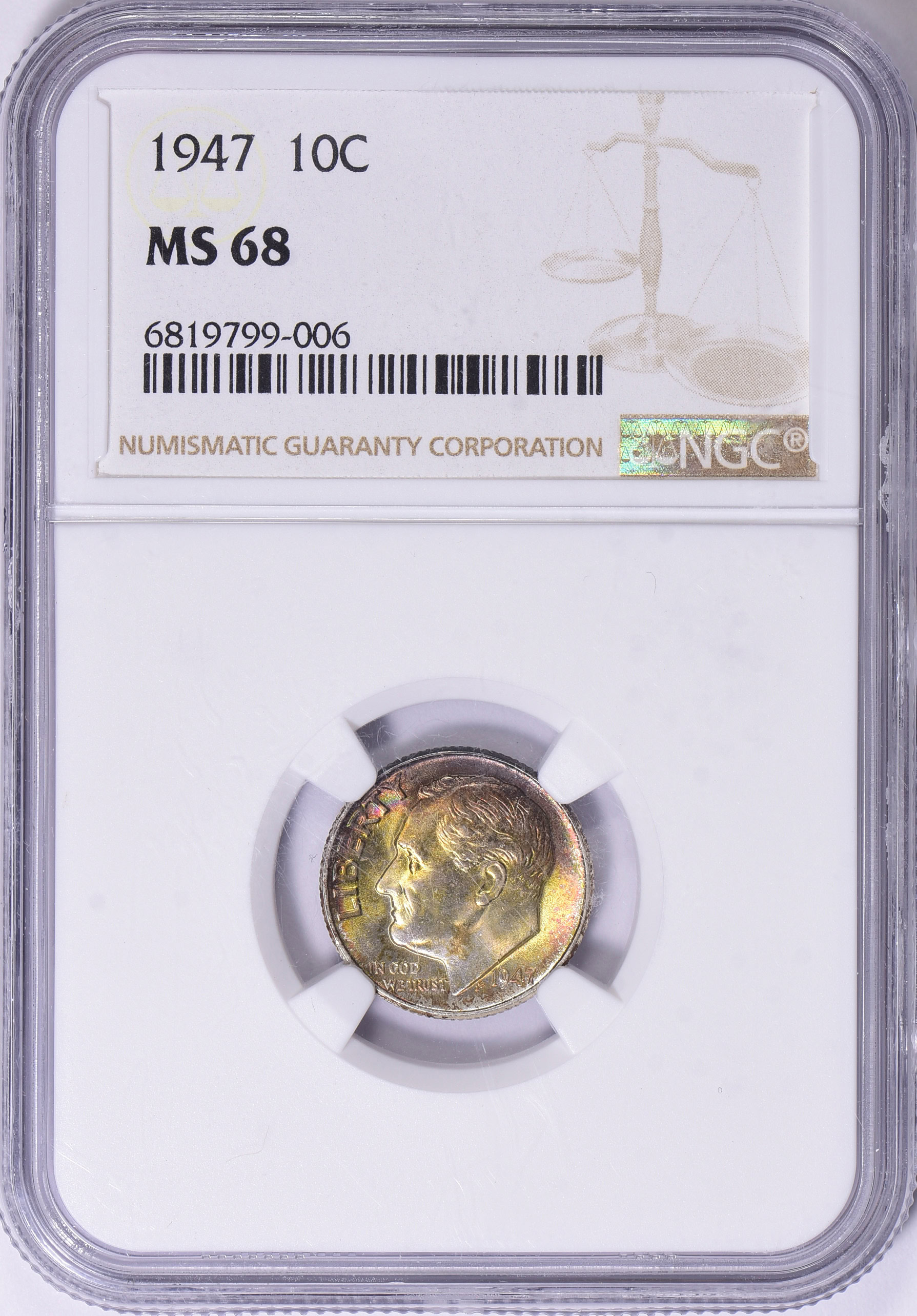 1947 Roosevelt Dime NGC MS-68 (Toned) (Item 1362676) | GreatCollections ...