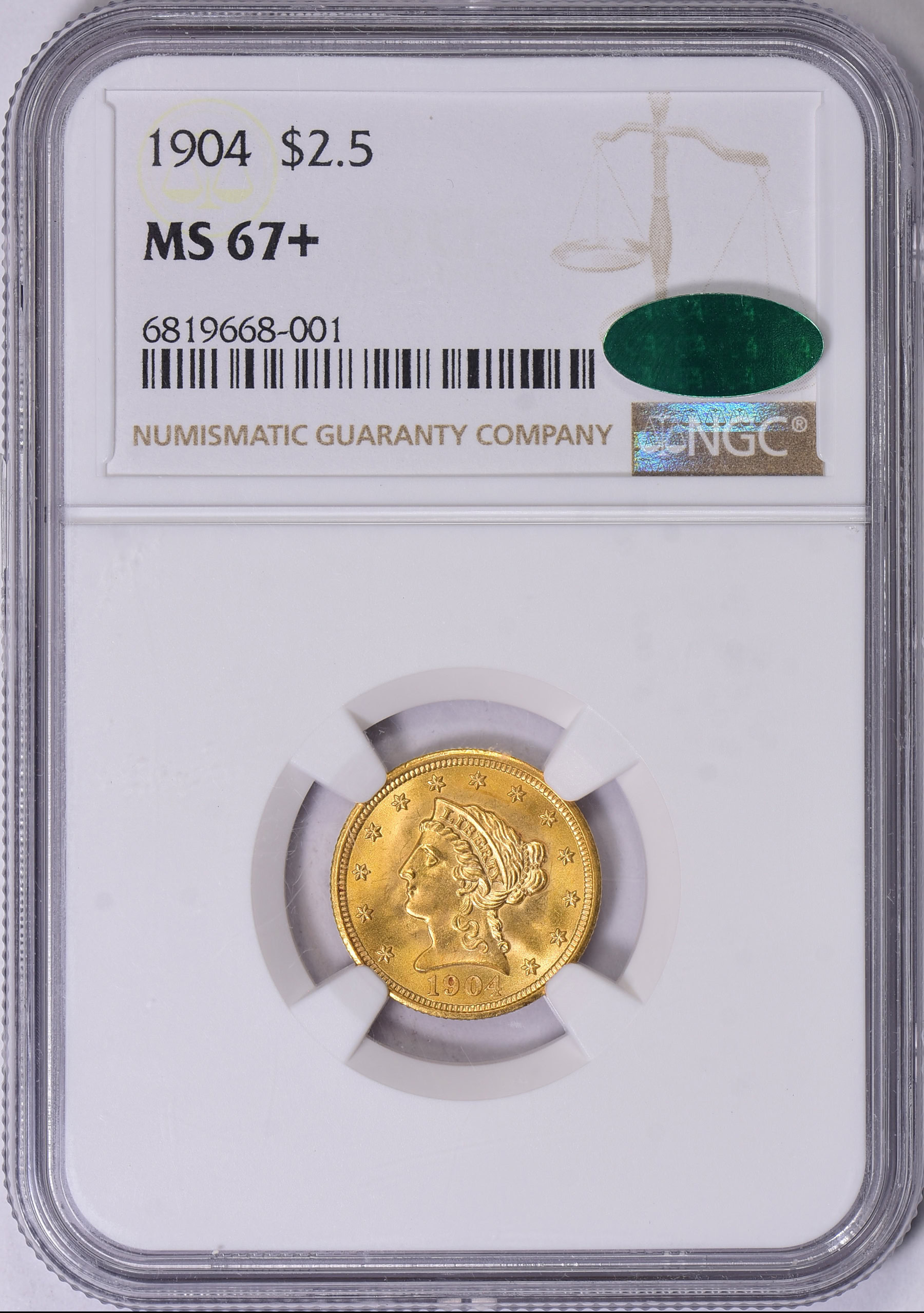 1904 Liberty Gold Quarter Eagle NGC MS-67+ (CAC Green) (Item 1362691) | GreatCollections Coin ...