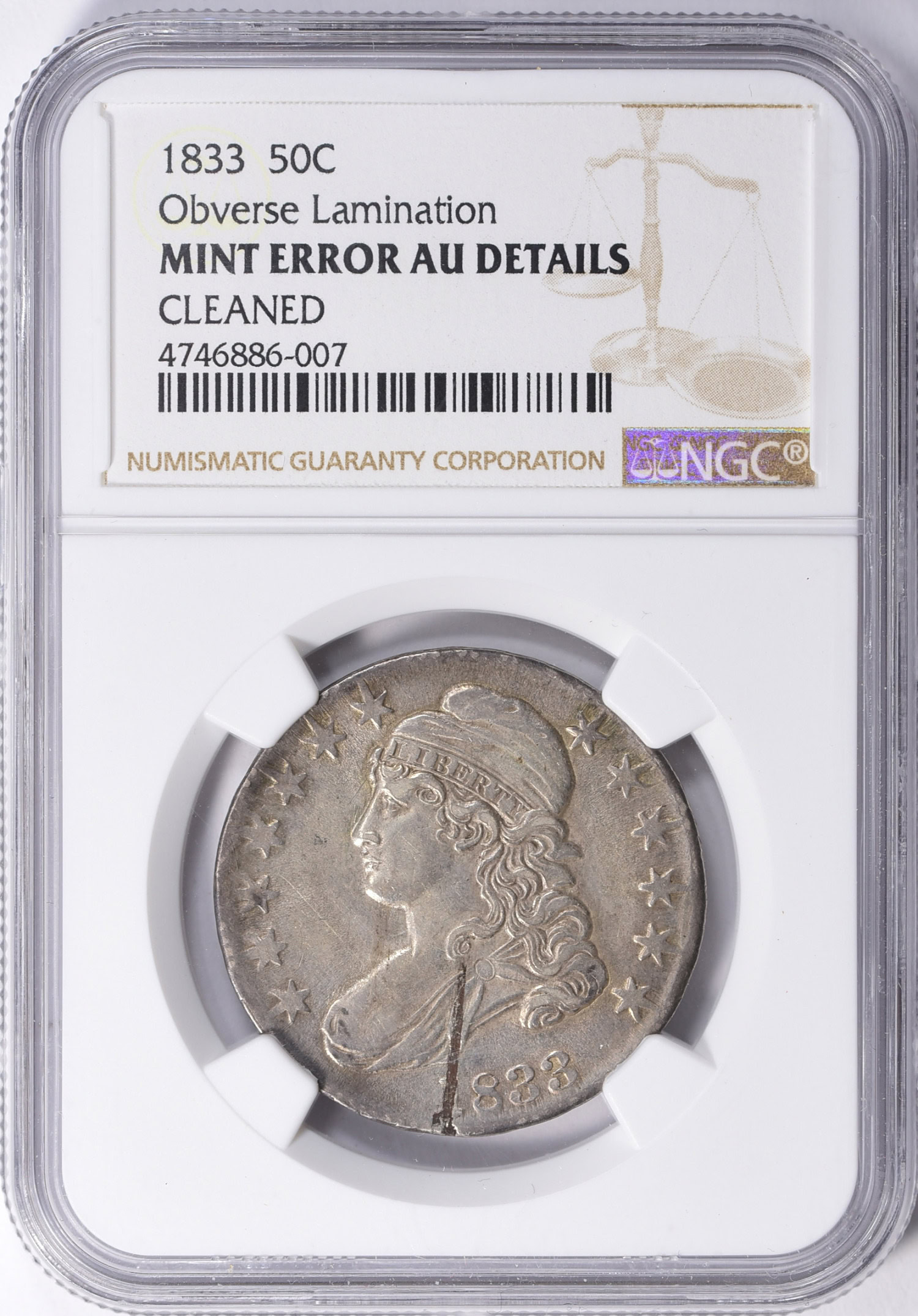 Mint Error 1833 Capped Bust Half Dollar Obverse Lamination NGC AU ...