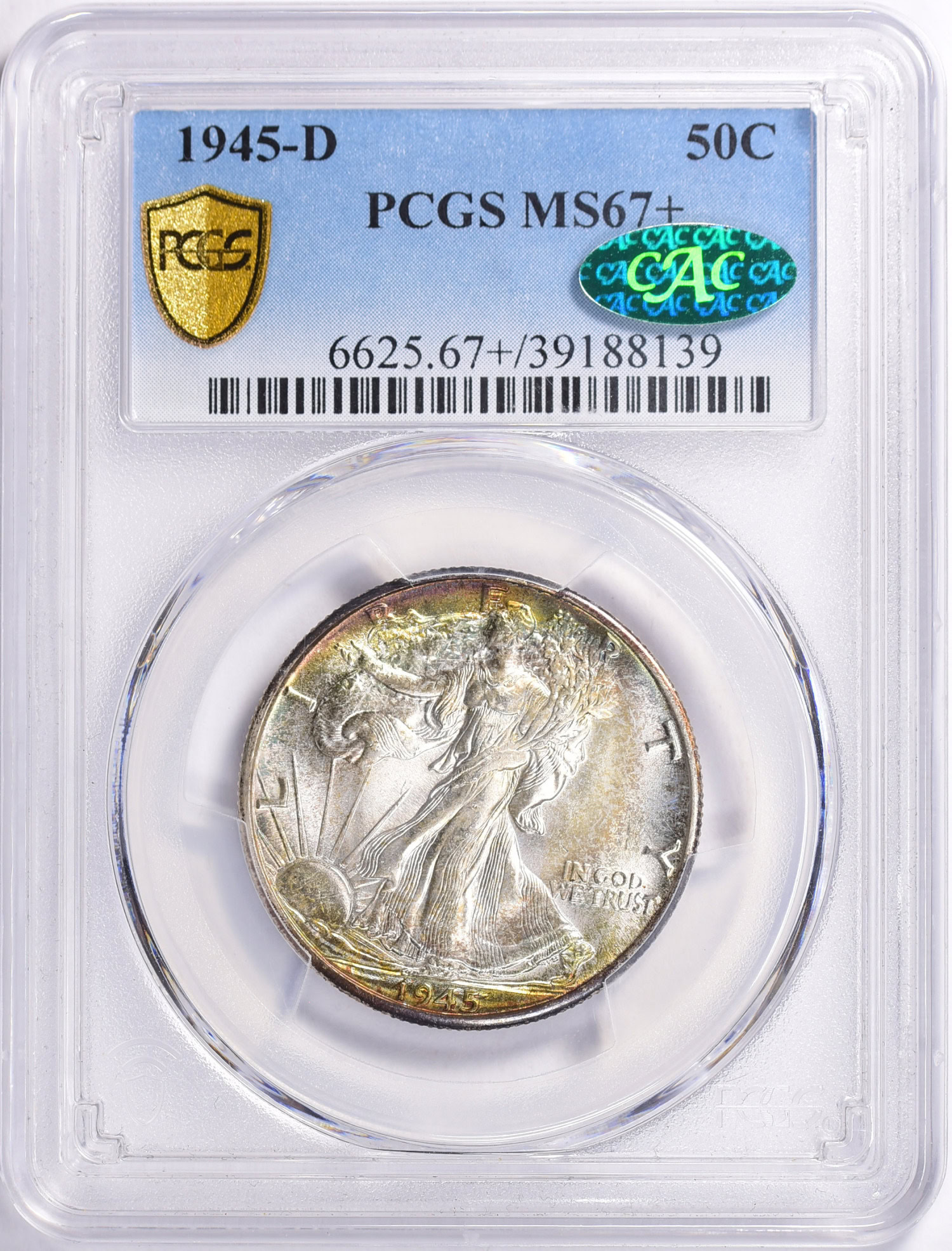1945-D Walking Liberty Half Dollar PCGS MS-67+ (CAC Green) (Toned) (Item 1364797 ...