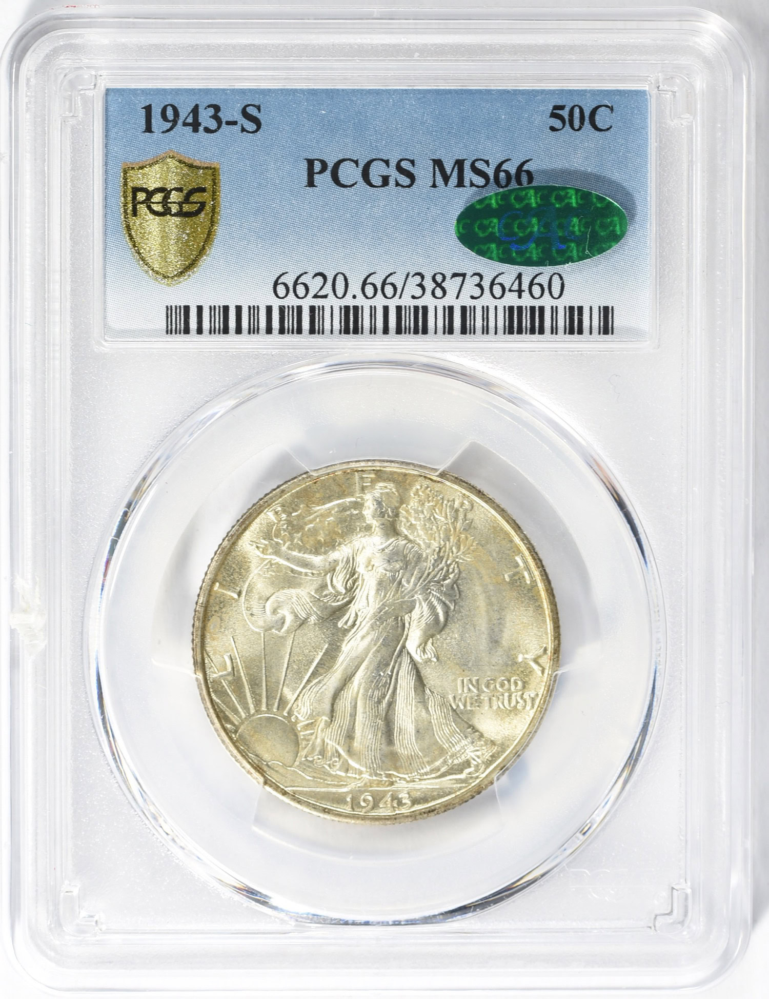 1943-S Walking Liberty Half Dollar PCGS MS-66 (CAC Green) (Item 1366519) | GreatCollections Coin ...