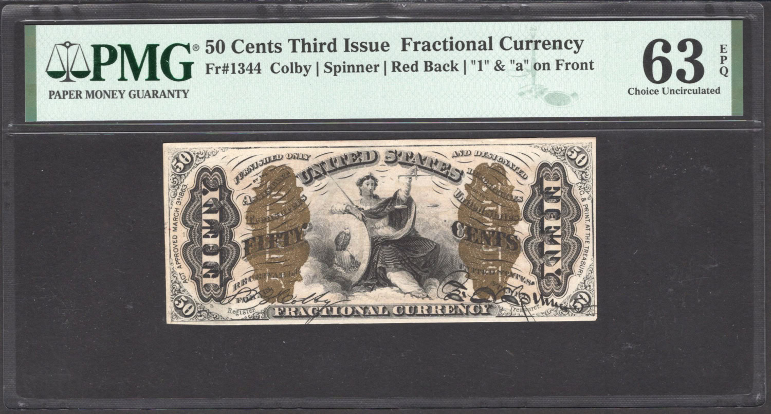 Fr. 1344 Third Issue 50 Cents Fractional Currency Note Colby / Spinner ...