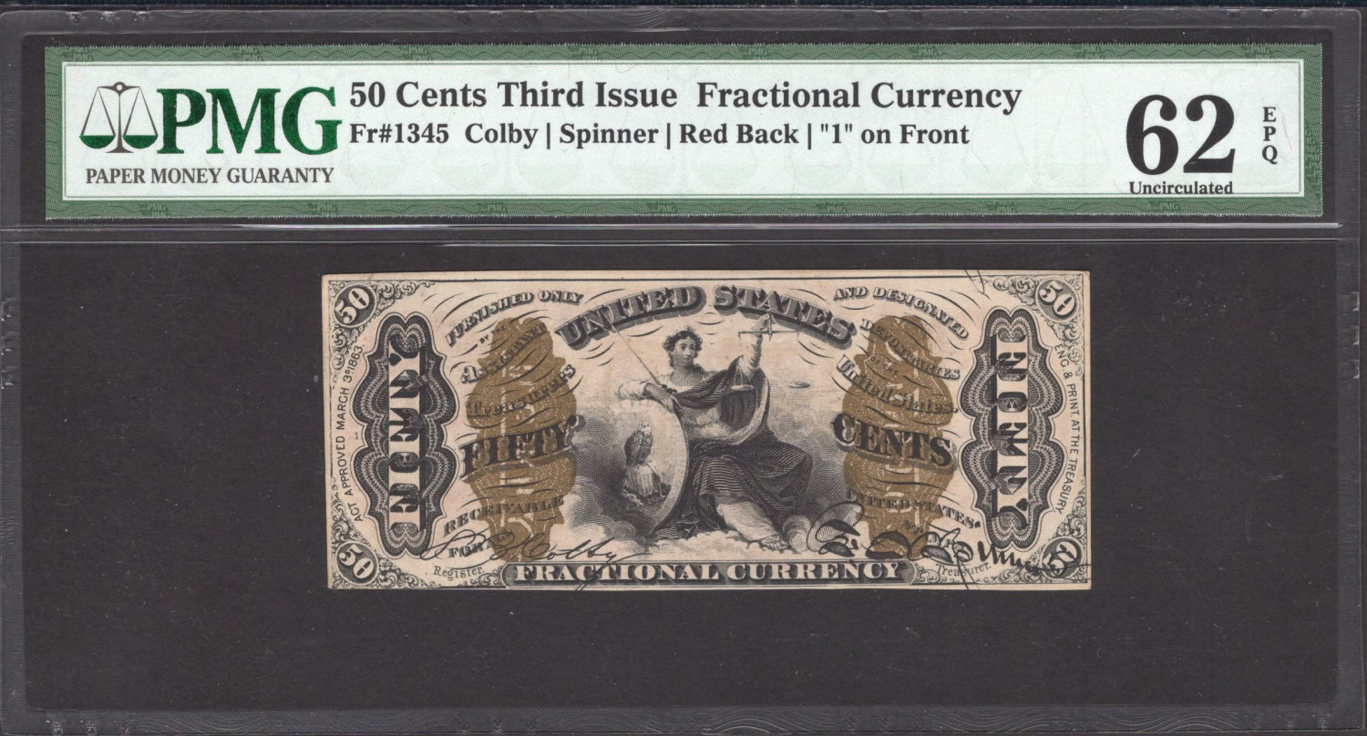 Fr. 1345 Third Issue 50 Cents Fractional Currency Note Colby / Spinner ...