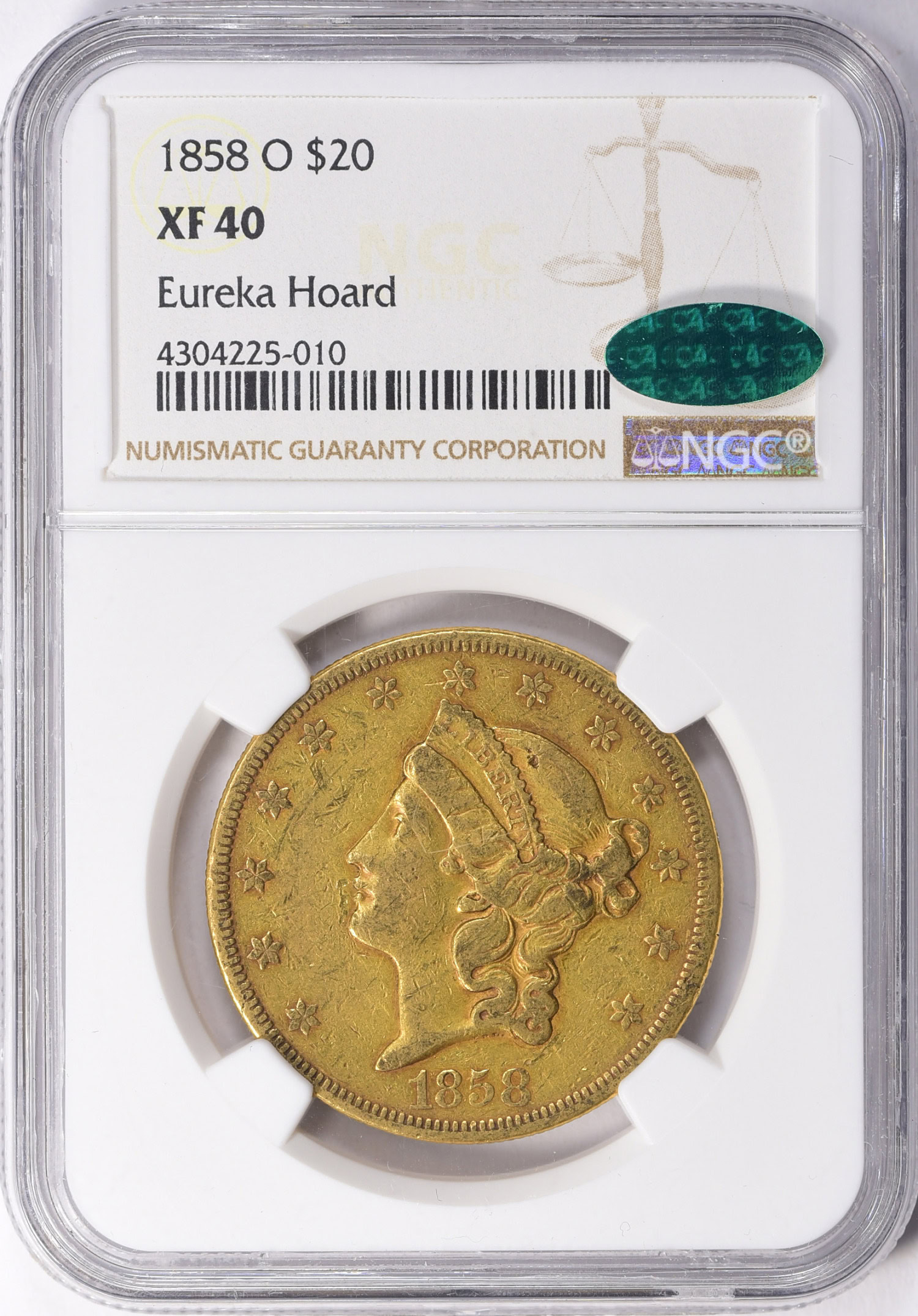 1858-O Liberty Gold Double Eagle NGC XF-40 (CAC Green) (Eureka Hoard ...