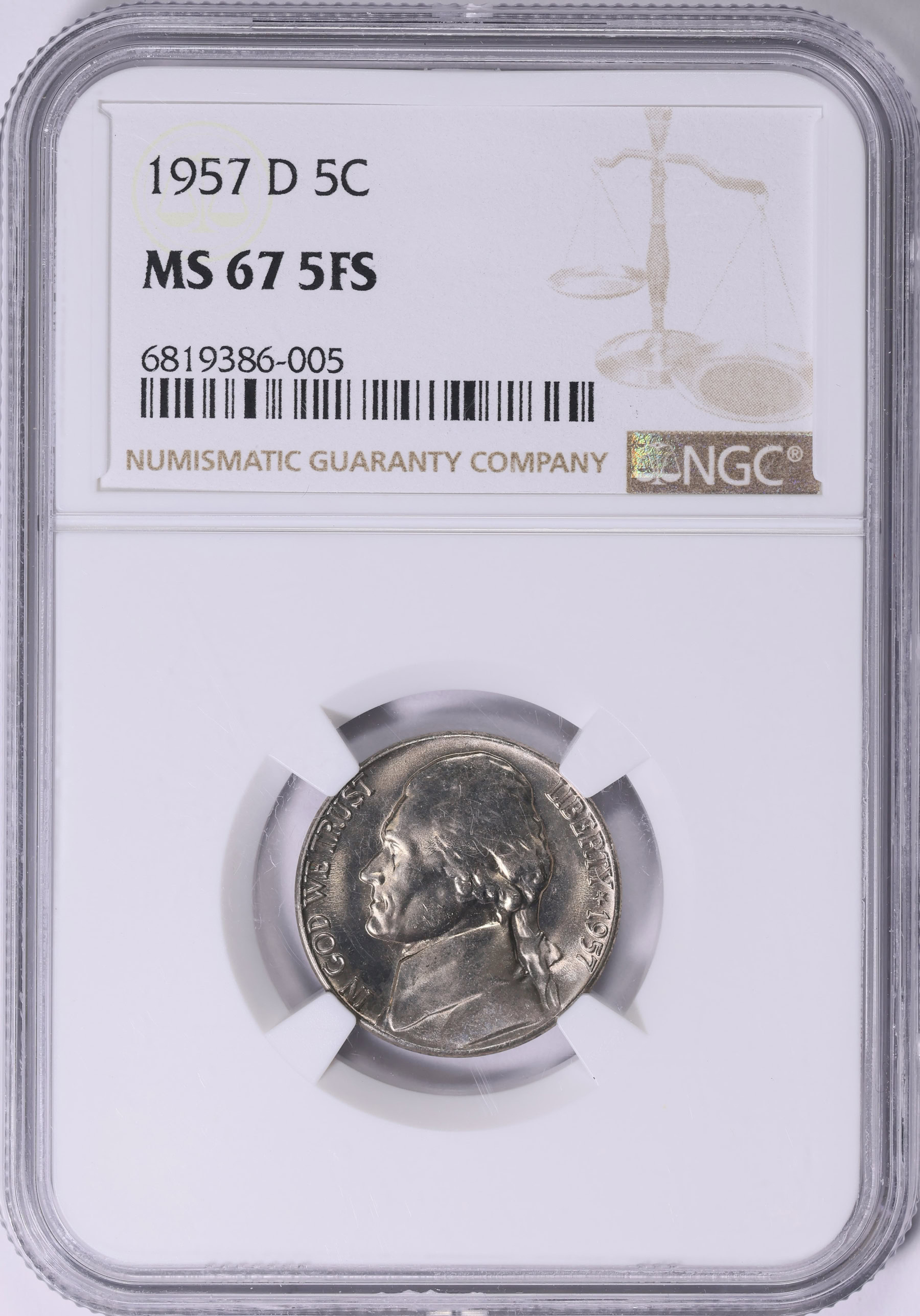 1957-D Jefferson Nickel NGC MS-67 5FS (Item 1370000) | GreatCollections Coin Auctions