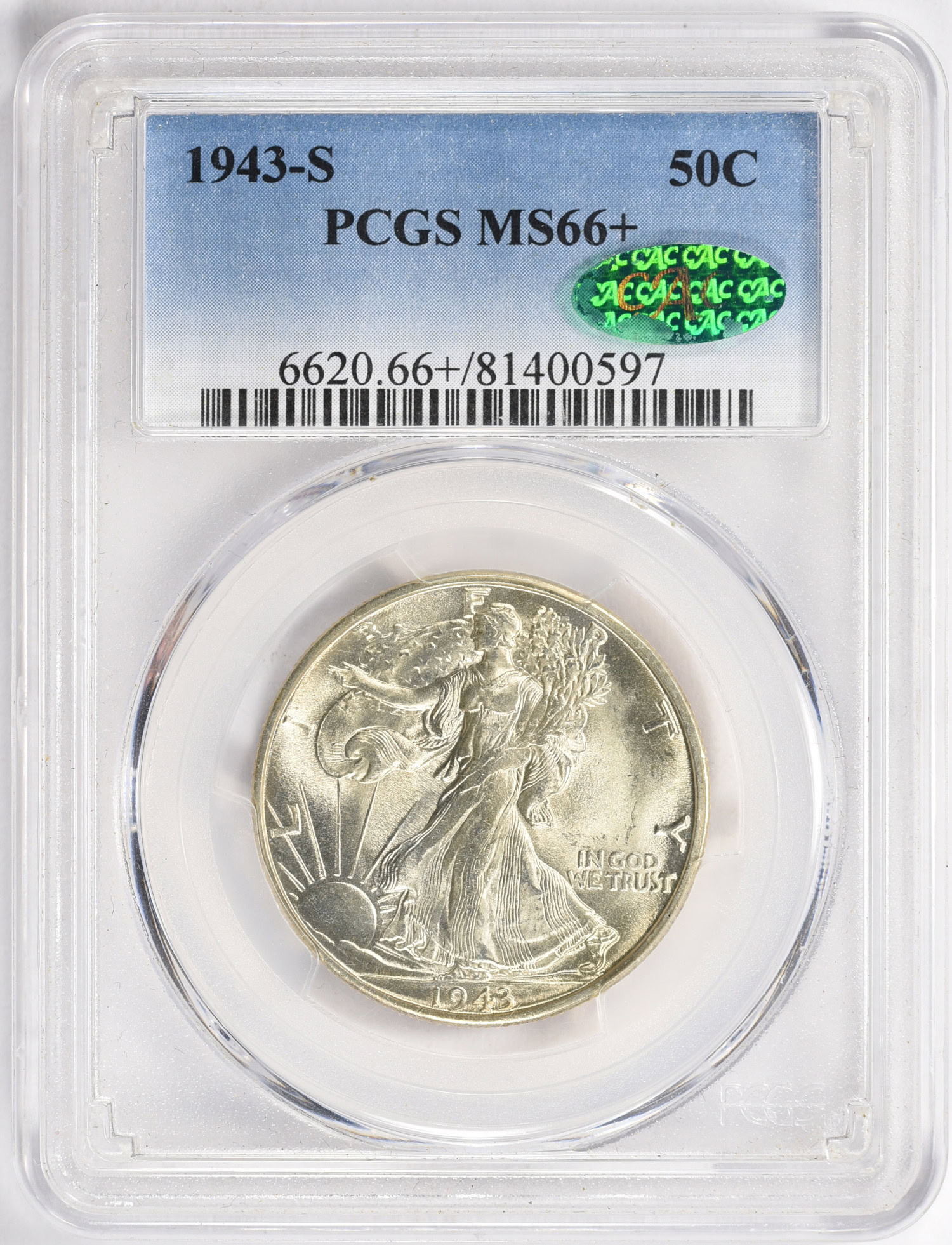 1943-S Walking Liberty Half Dollar PCGS MS-66+ (CAC Green) (Item 1370565) | GreatCollections ...
