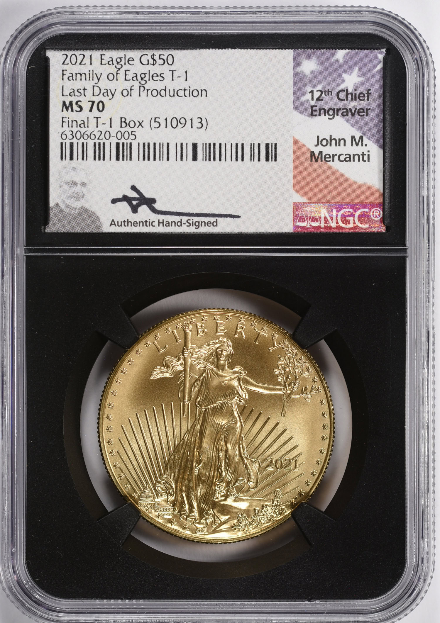 2021 $50 One-Ounce Gold American Eagle Type 1 Last Day of Production Final T-1 Box (510913) NGC ...
