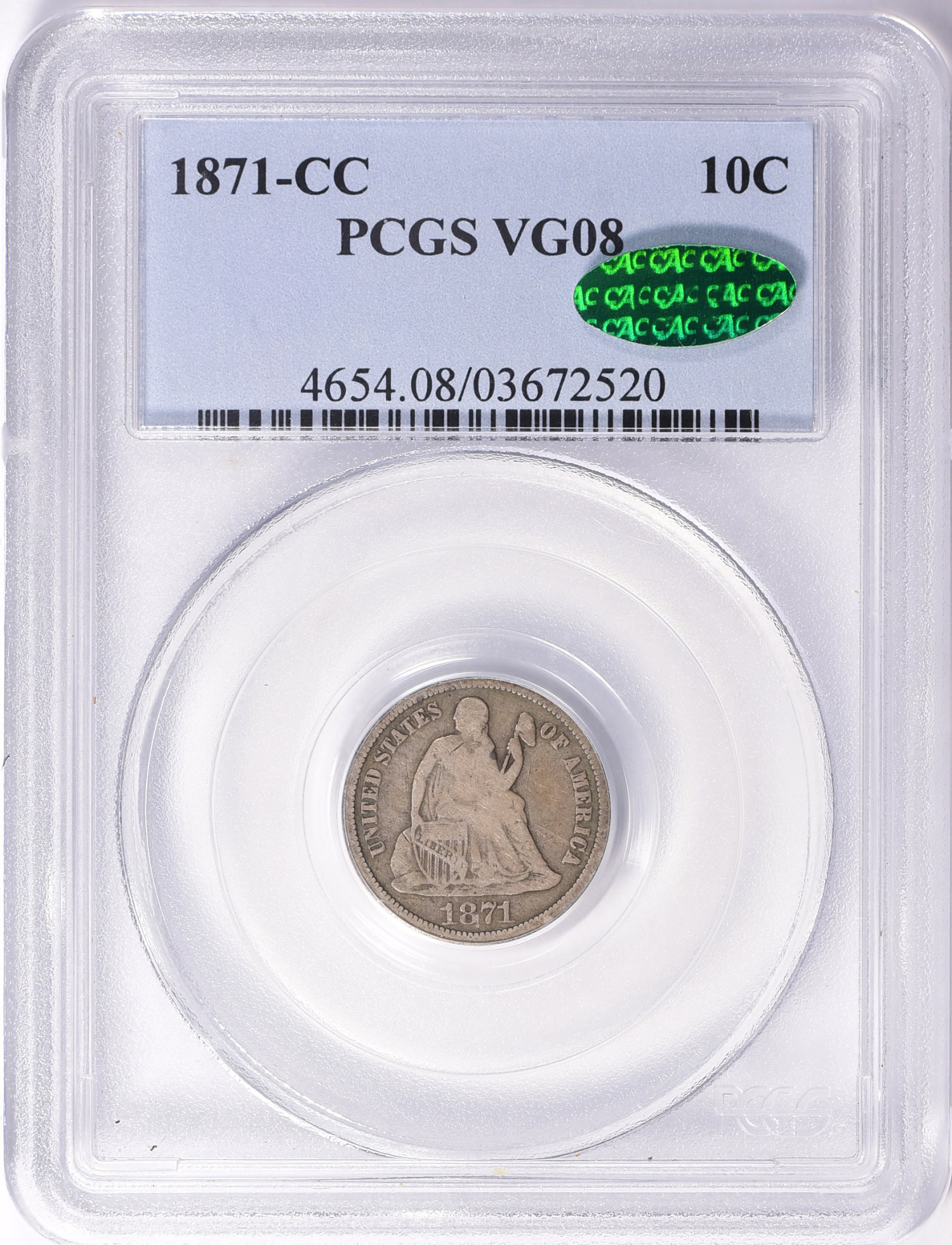1871-CC Seated Liberty Dime PCGS VG-08 (CAC Green) (Item 1382235) | GreatCollections Coin Auctions