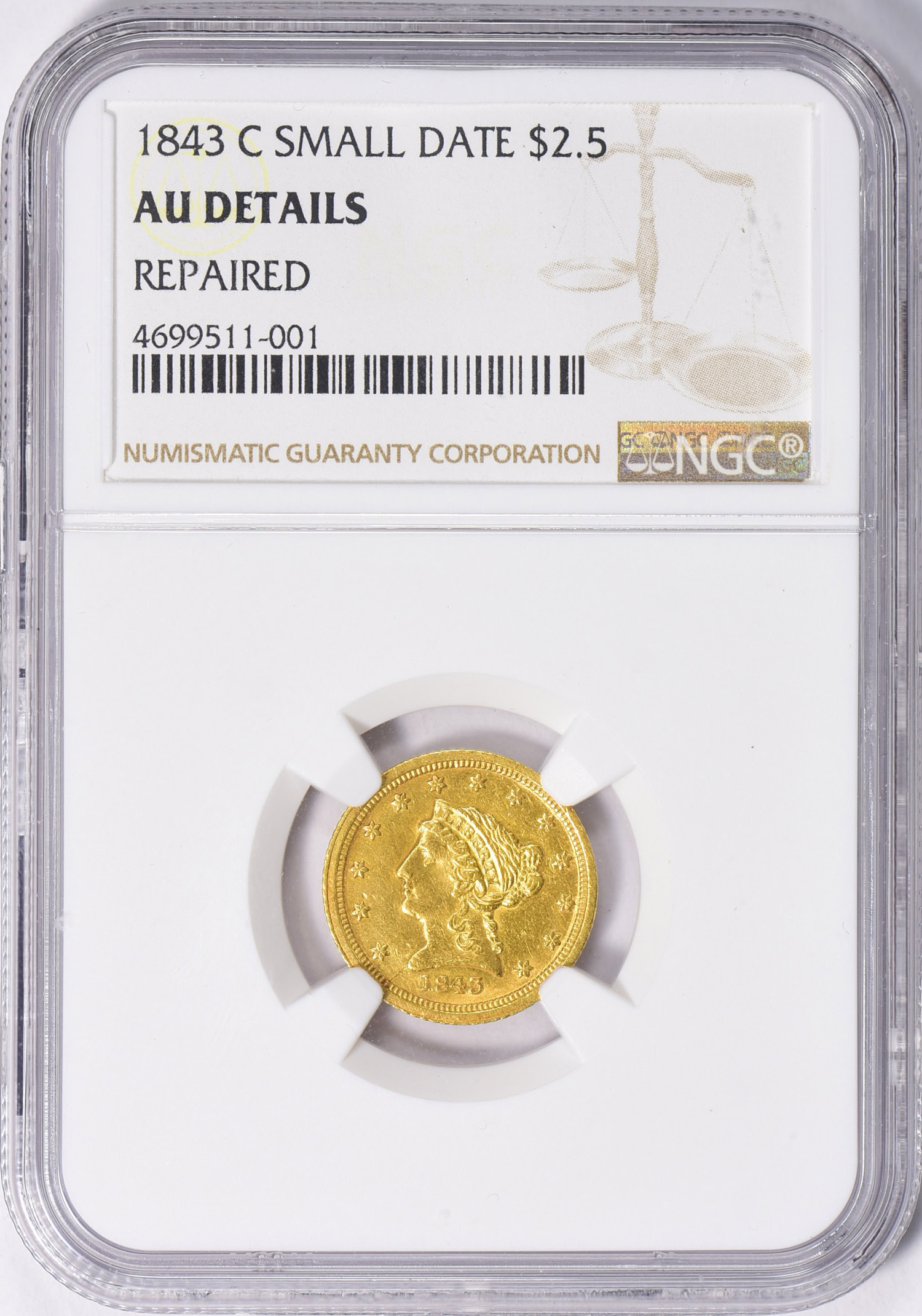 1843-C Liberty Gold Quarter Eagle Small Date, Crosslet 4 NGC AU Details (Item 1383487 ...