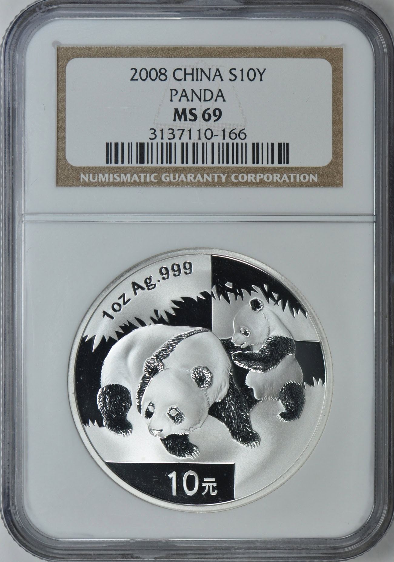 China 2008 S10Y Silver Panda NGC MS-69 (Item 138362) | GreatCollections ...
