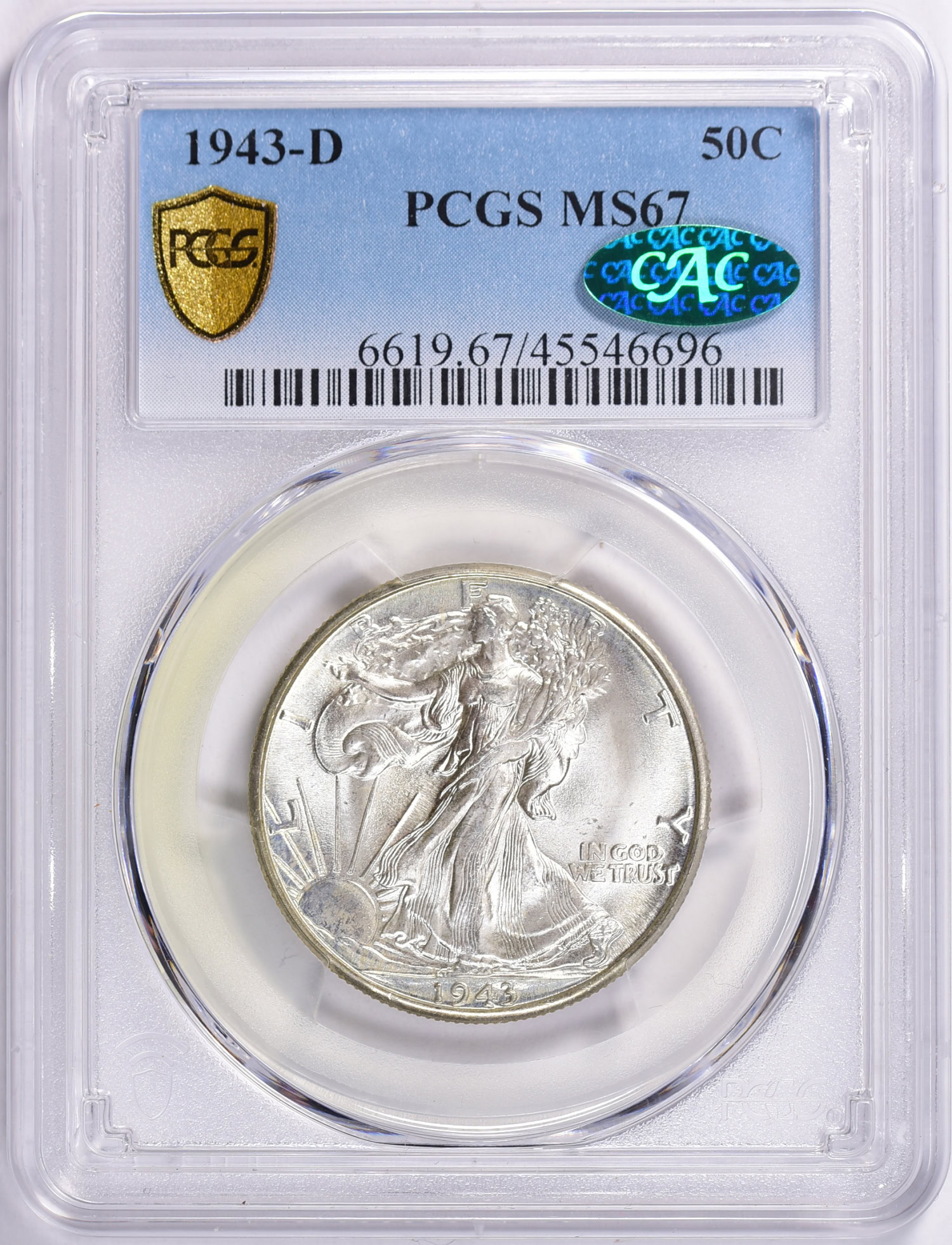1943-D Walking Liberty Half Dollar PCGS MS-67 (CAC Green) (Item 1383646) | GreatCollections Coin ...