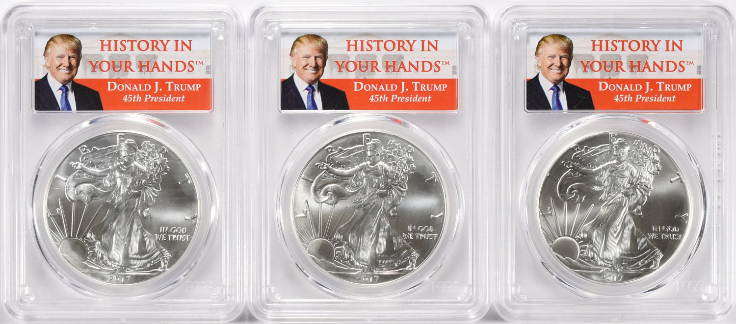 2017 $1 Silver Eagle First Strike PCGS MS-70 (Donald J. Trump Labels) (3 Coins) (Item 1392176 ...