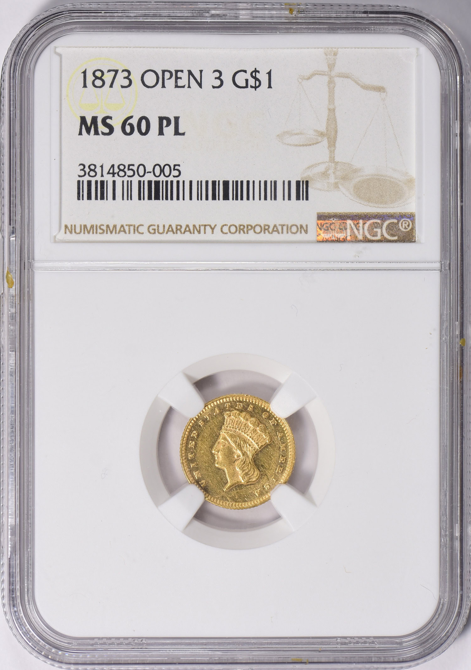 1873 Indian Princess Gold Dollar Open 3 NGC MS-60 PL (Item 1392858) | GreatCollections Coin Auctions