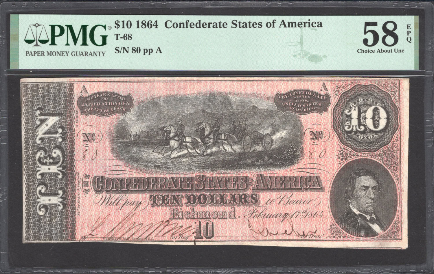 T. 68 Confederate States of America 1864 $10 Note Low Serial Number PMG ...