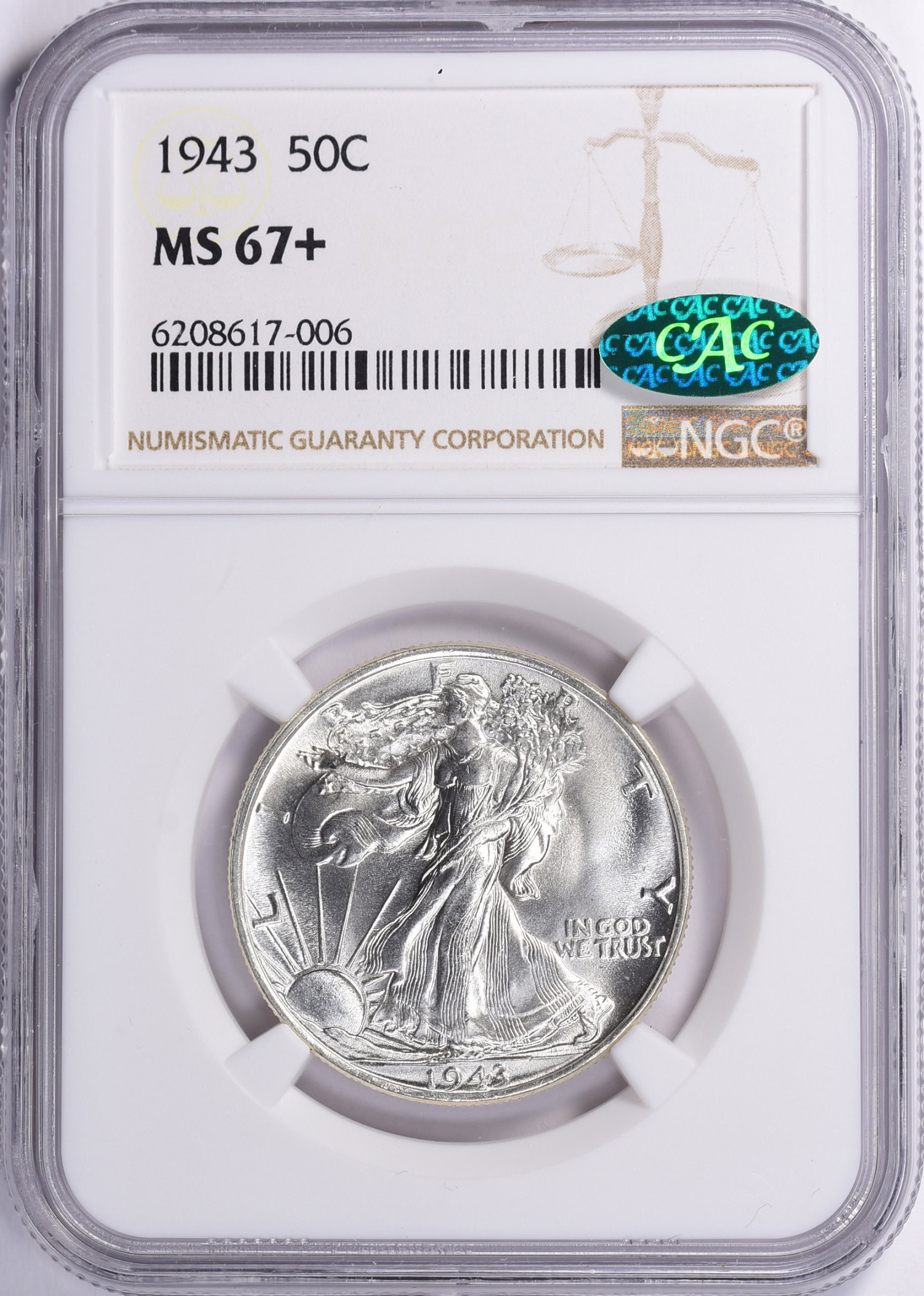 1943 Walking Liberty Half Dollar NGC MS-67+ (CAC Green) (Item 1396853) | GreatCollections Coin ...