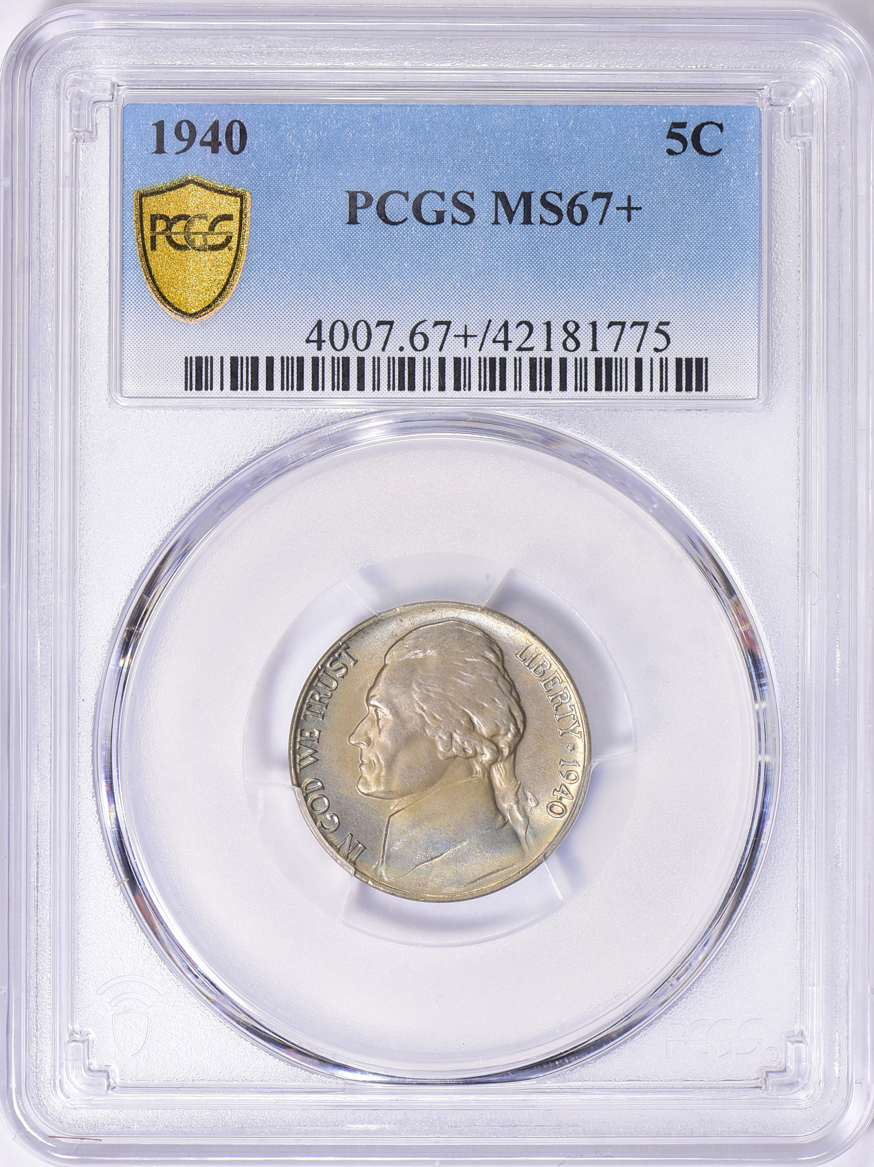 1940 Jefferson Nickel PCGS MS-67+ (Toned) (Item 1397462) | GreatCollections Coin Auctions