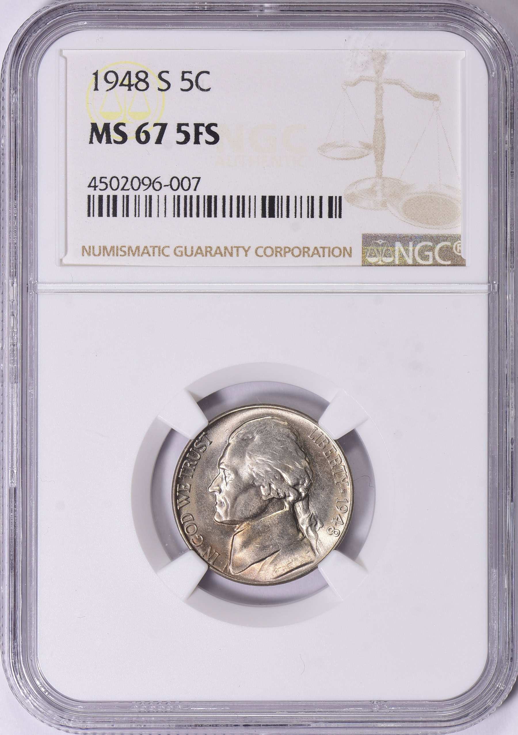 1948-S Jefferson Nickel NGC MS-67 5FS (Toned) (Item 1397498) | GreatCollections Coin Auctions