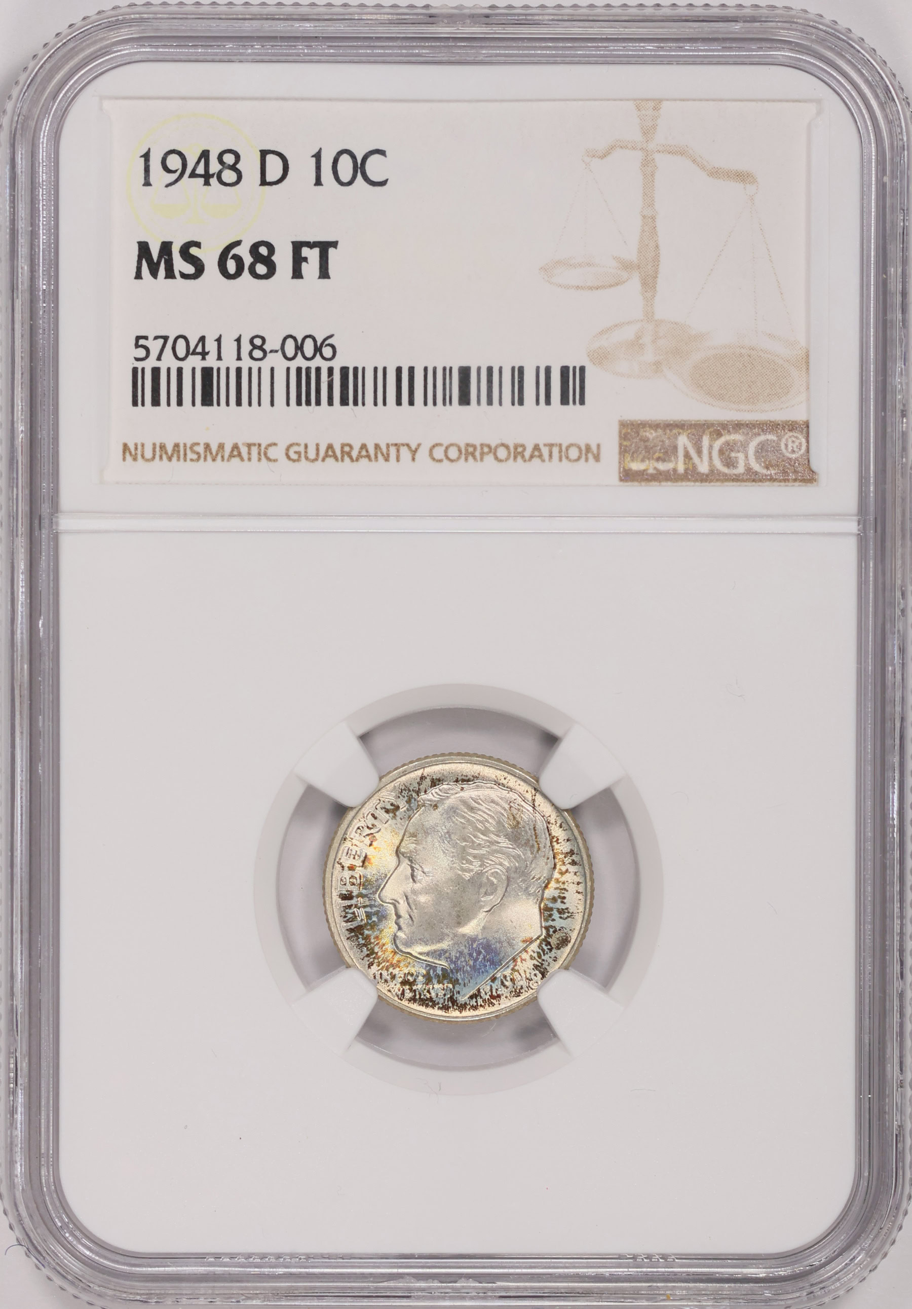 1948-D Roosevelt Dime NGC MS-68 FT (Toned) (Item 1397861) | GreatCollections Coin Auctions