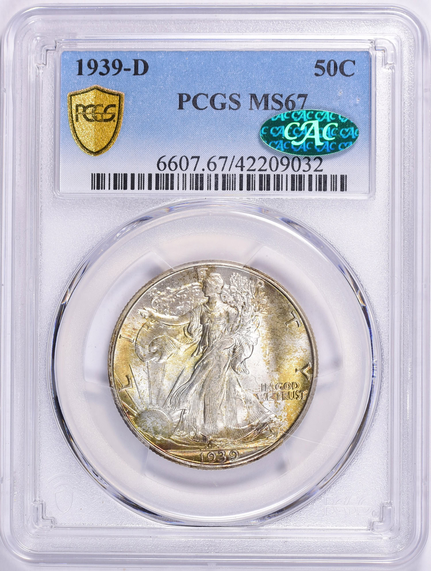 1939-D Walking Liberty Half Dollar PCGS MS-67 (CAC Green) (Toned) (Item 1406062 ...