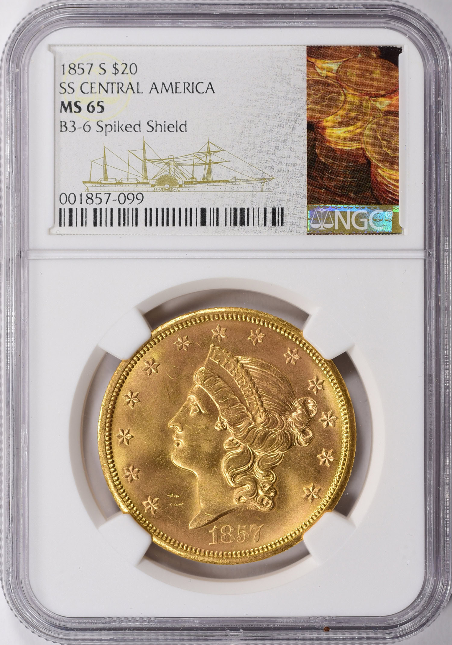 1857-S Liberty Gold Double Eagle B3-6 Spiked Shield Shipwreck S.S. Central America NGC MS-65 ...
