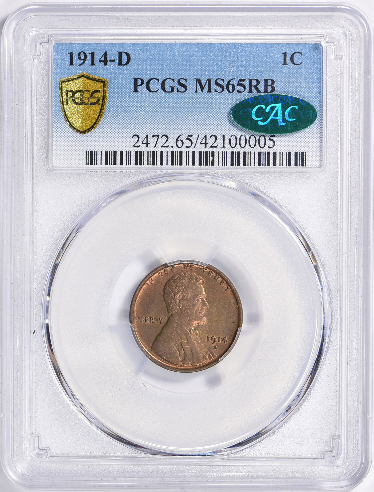 1914-D Lincoln Cent PCGS MS-65 RB (CAC Green) (Toned) (Item 1407428) | GreatCollections Coin ...