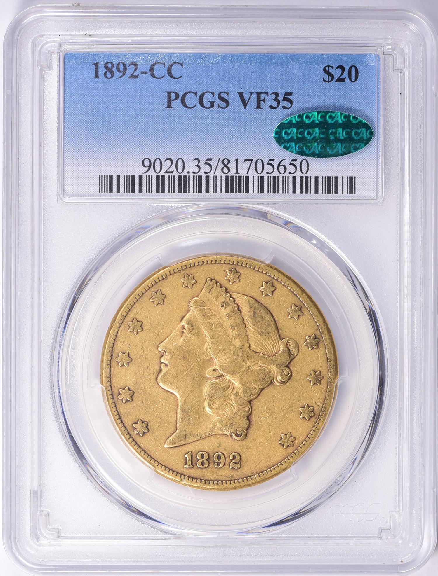 1892-CC Liberty Gold Double Eagle PCGS VF-35 (CAC Green) (Item 1408062) | GreatCollections Coin ...