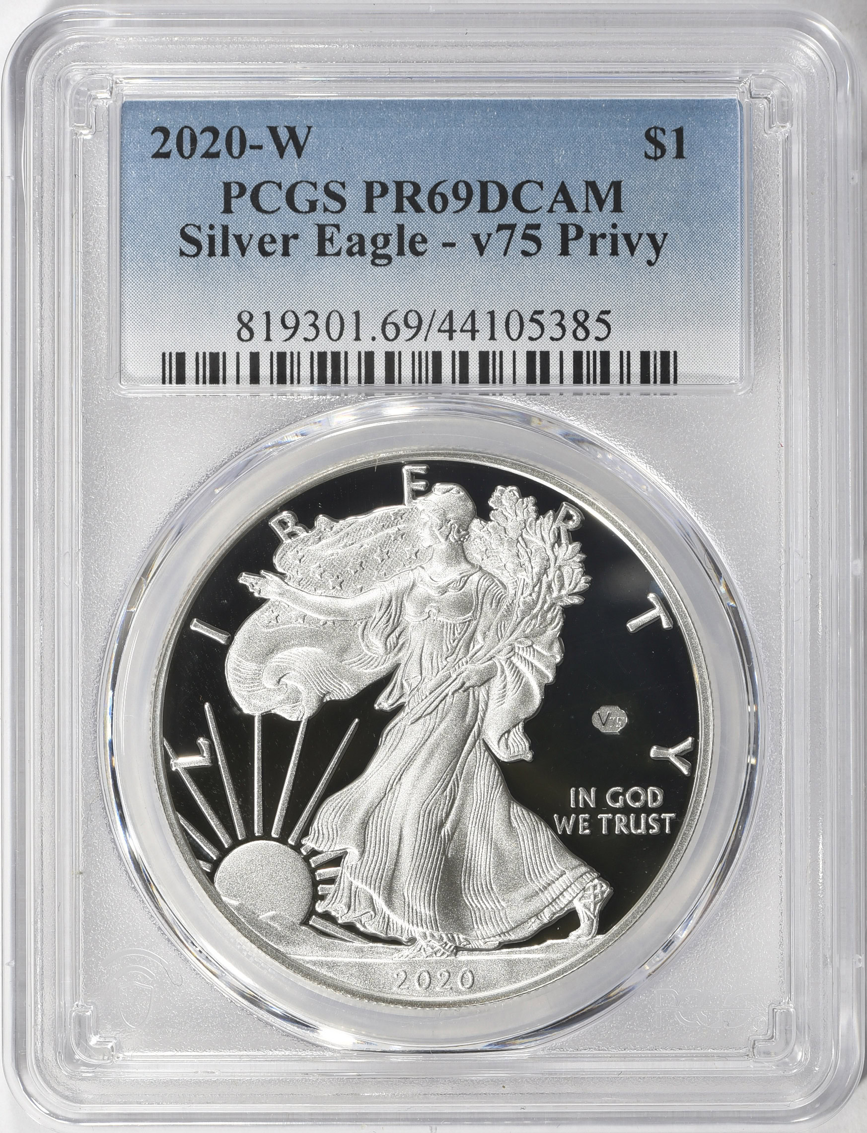 2020-W $1 Silver Eagle V75 Privy PCGS Proof-69 DCAM (Item 1412417) | GreatCollections Coin Auctions