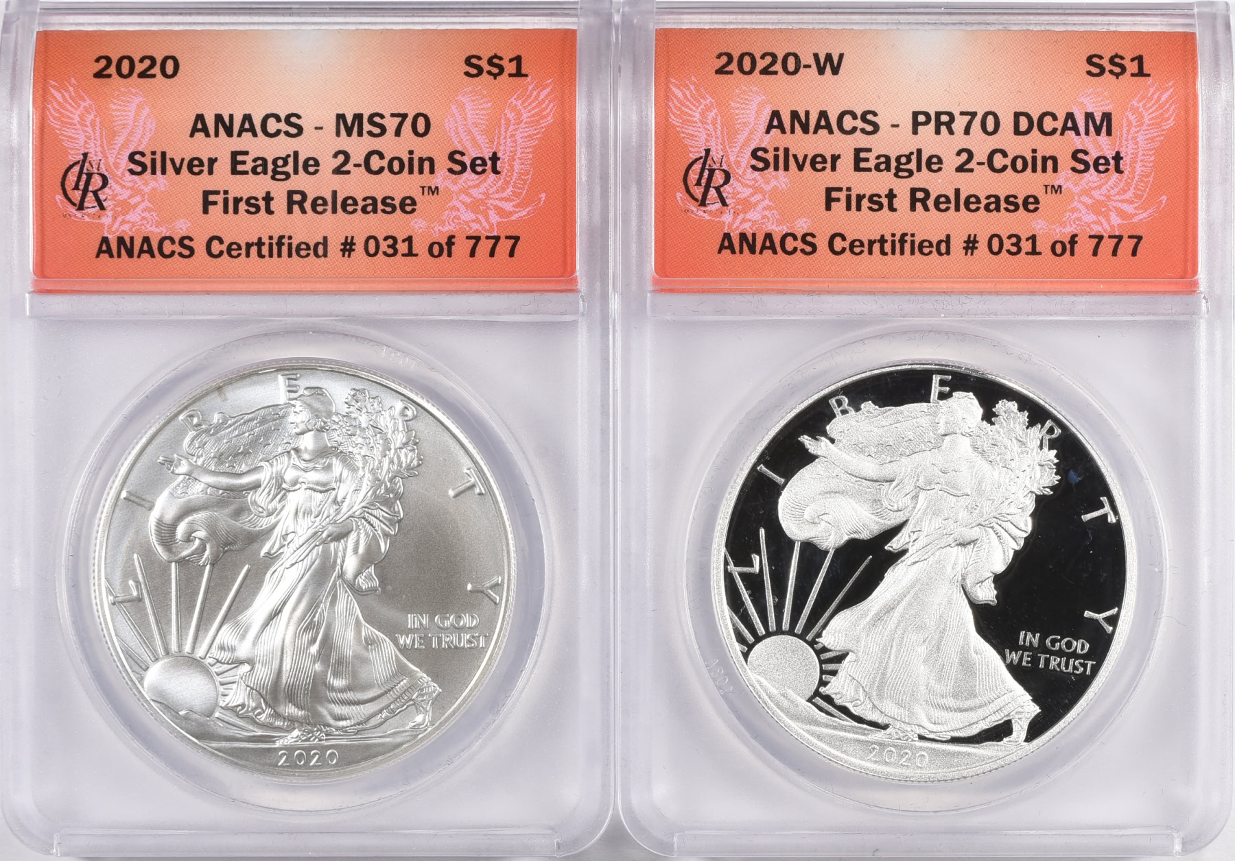 2020-W and 2020 $1 Silver Eagle First Release ANACS Proof-70 DCAM/MS-70 ...