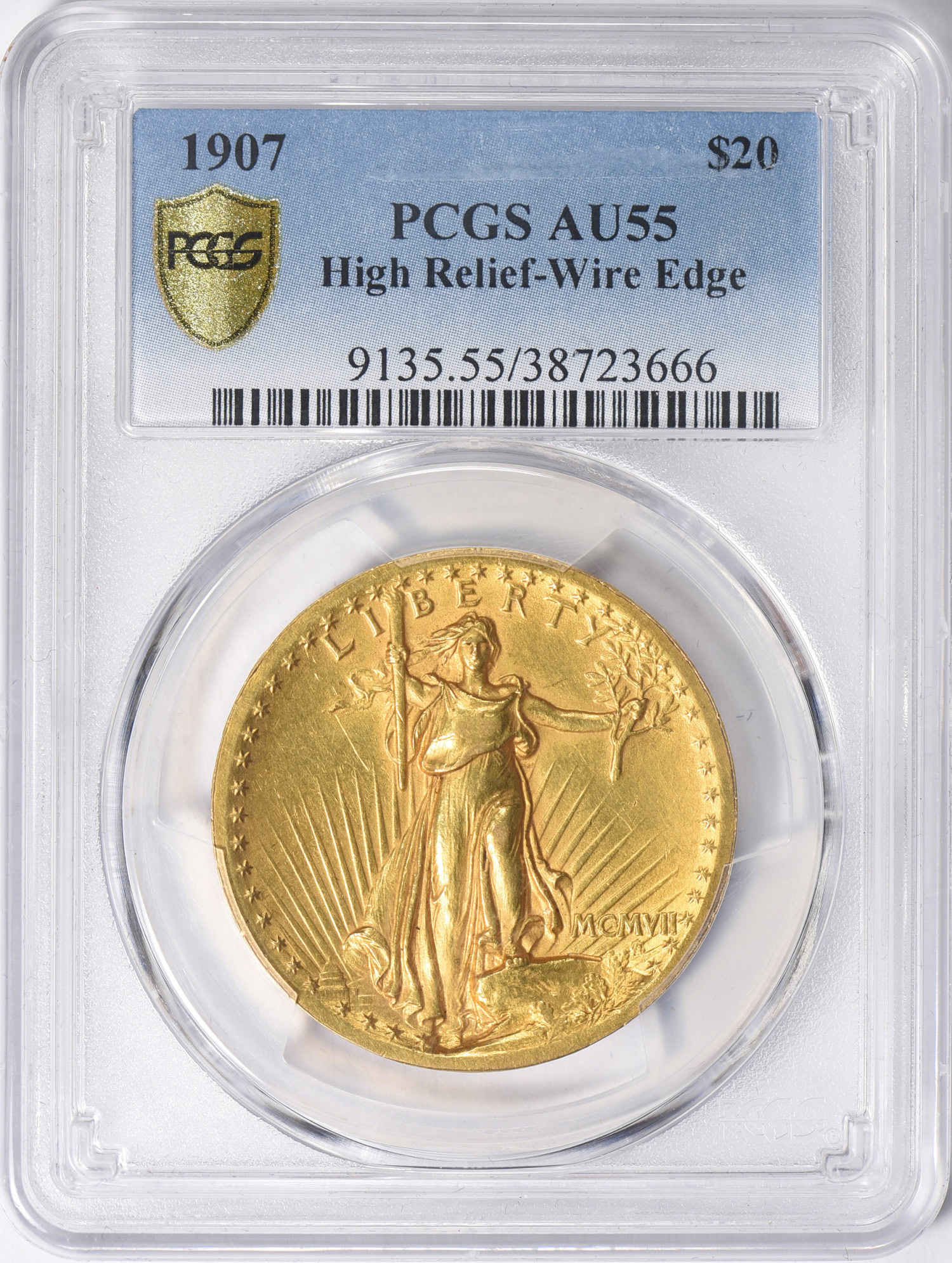 1907 Saint-Gaudens Gold Double Eagle MCMVII. High Relief, Wire Edge PCGS AU-55 (Item 1416822 ...